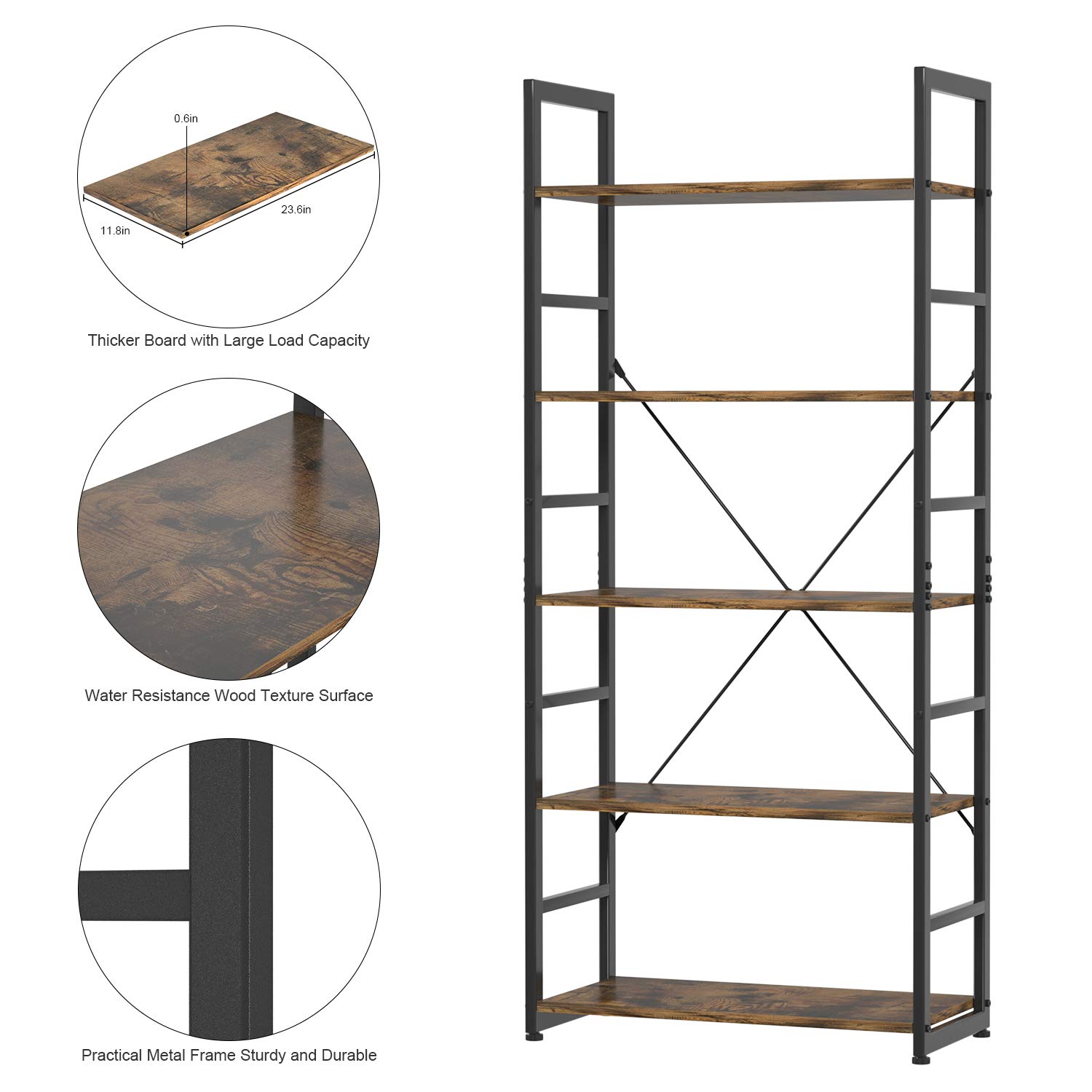 Foxemart Bookshelf, 5 Tier Shelf Bookcase Modern Standing Rack, Wooden and Metal Open Shelves Organizer for Home Office Living Room, Rustic Brown, Large