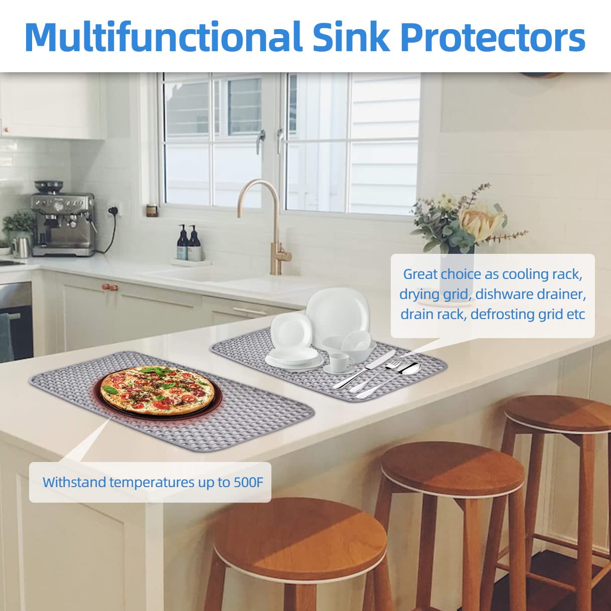 Eqivei Silicone Sink Protectors for Kitchen, 26''x 14'' Heat Resistant Kitchen Sink Mat for Bottom of Stainless Steel/Porcelain Sink,Rear Drain, No-Slip Sink Grid Accessories