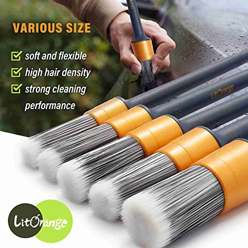 LitOrange Car Detailing Brush Set- 5 PCS Different Sizes PET&PPT Mixed Fiber Plastic Handle Automotive Detail Brushes for Cleaning Interior, Exterior, Wheels, Rims and Leather