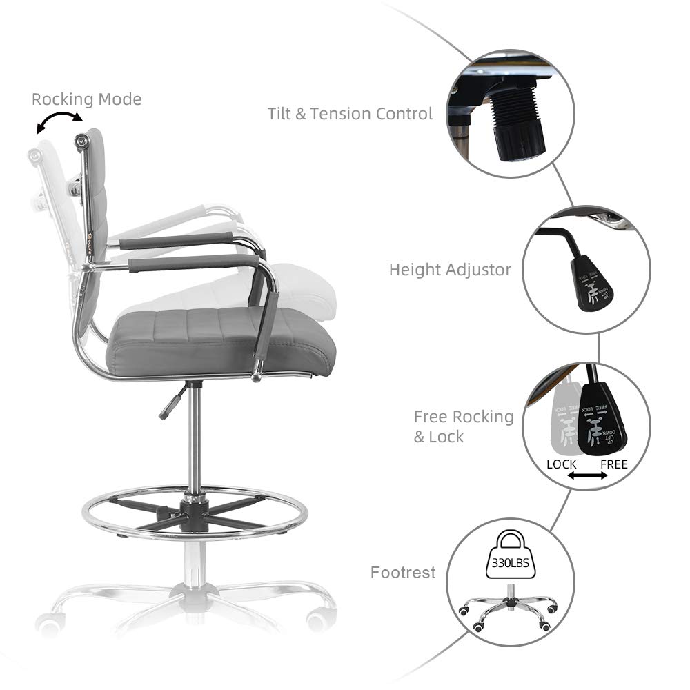Drafting Chair Stool with Footring,Computer Chair with Arm PU Wrap,Footrest Height Adjustable,Padded Tall Ribbed,Back Support ,Swivel Rolling,Footrest,Office Chair Swivel Computer Task Chair (Grey)