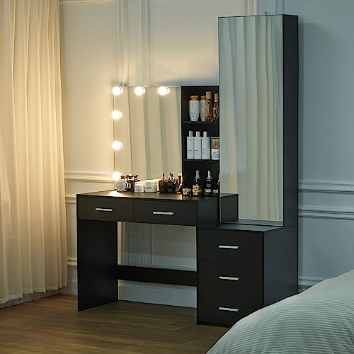 usikey 47.2" Large Vanity Desk with 10 Lights Bulbs & Full-Length Mirror, 70.9" High, Makeup Vanity with Lights and 5 Drawers, Vanity Table Set with Mirror Cabinet and 8 Storage Shelves, Black