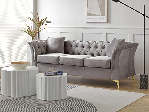 kevinplus 84'' Chesterfield Sofa Couch for Living Room, Modern Velvet 3-Seat Upholstered Sofa Couch for Apartment Bedroom Dorm Office, Strong Gold Metal Legs, 2 Pillows, Grey