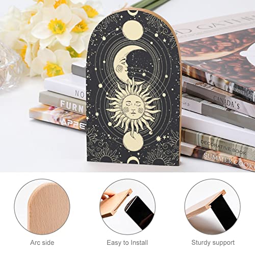 NFGSE Book Ends, Mystical Sun Face Moon Crescent Magic 2 Pcs 5 X 3 Inch Modern Home Decorative Bookends for Shelves, Fashion Design Wood Book Stopper for Heavy Books Office School Home Kitchen Planets