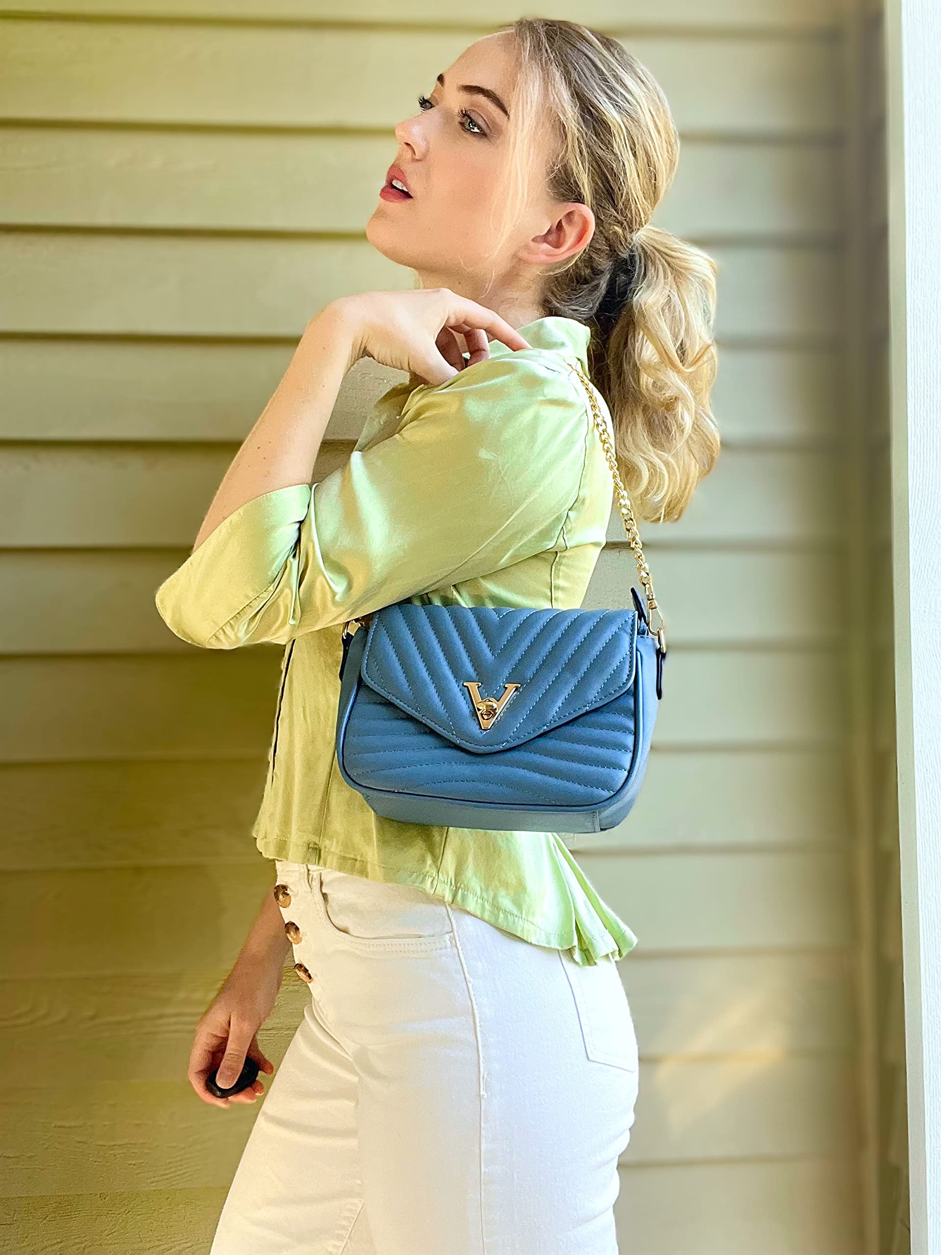 EVVE Women's Small Quilted Crossbody Bags with Coin Purse and Chain Strap|Neutral