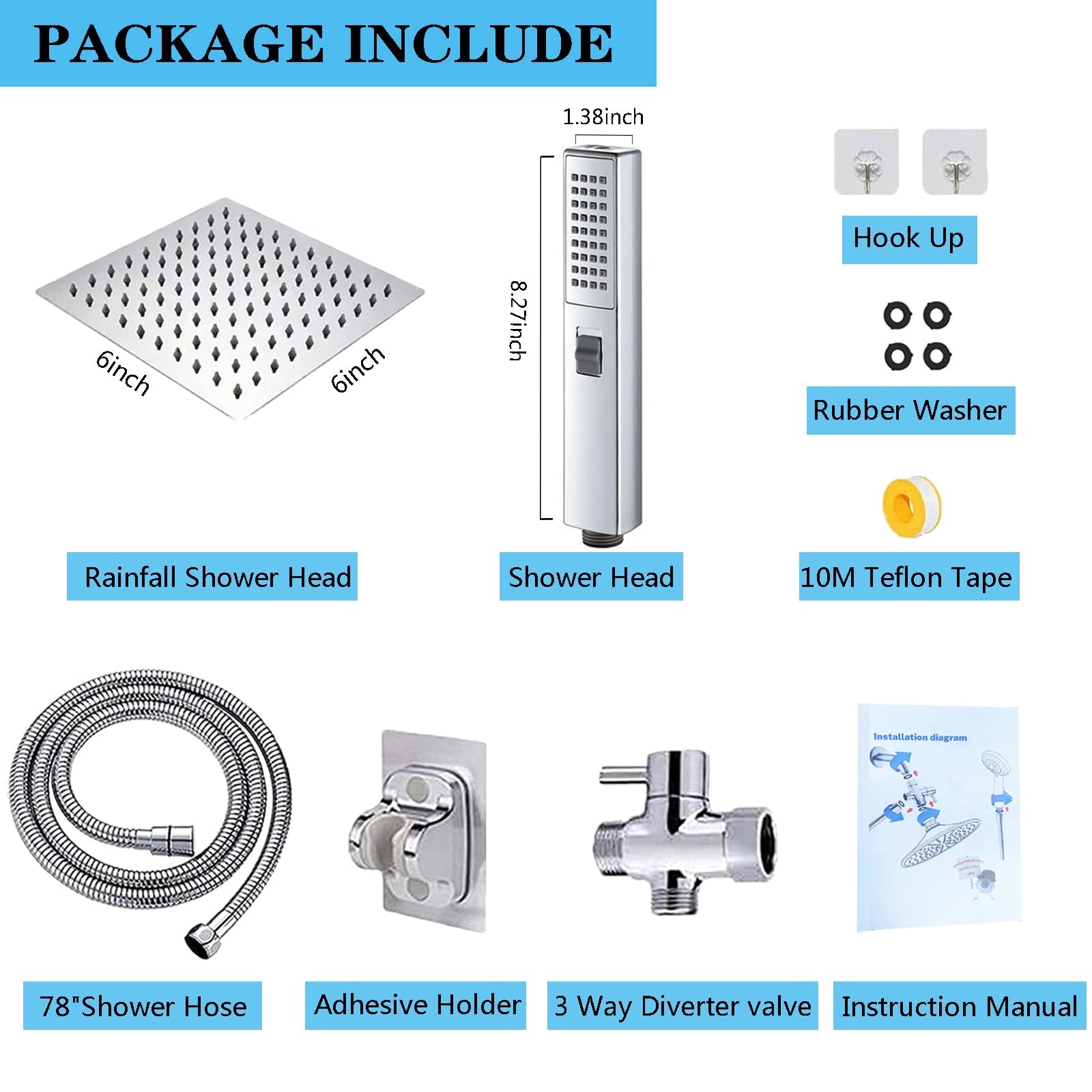 High Pressure Square Rain Shower Head with Handheld Spray Combo, Equipped with 78" Stainless Steel Hose, 3 Way Diverter Valve, Adhesive Shower Head Holder, Dual Shower Head Set, Chrome,AWAXFOLO