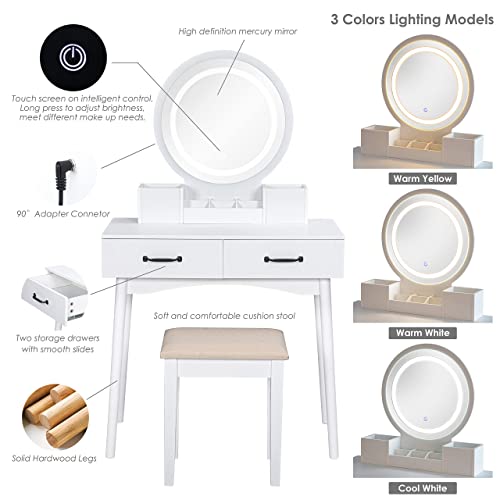 UTEX Makeup Vanity Desk with Round Mirror and Lights,White Vanity Makeup Table, Small Vanity Table with 2 Drawers, 3 Lighting Modes Dresser Desk and Cushioned Stool SetĀ for Bedroom, White