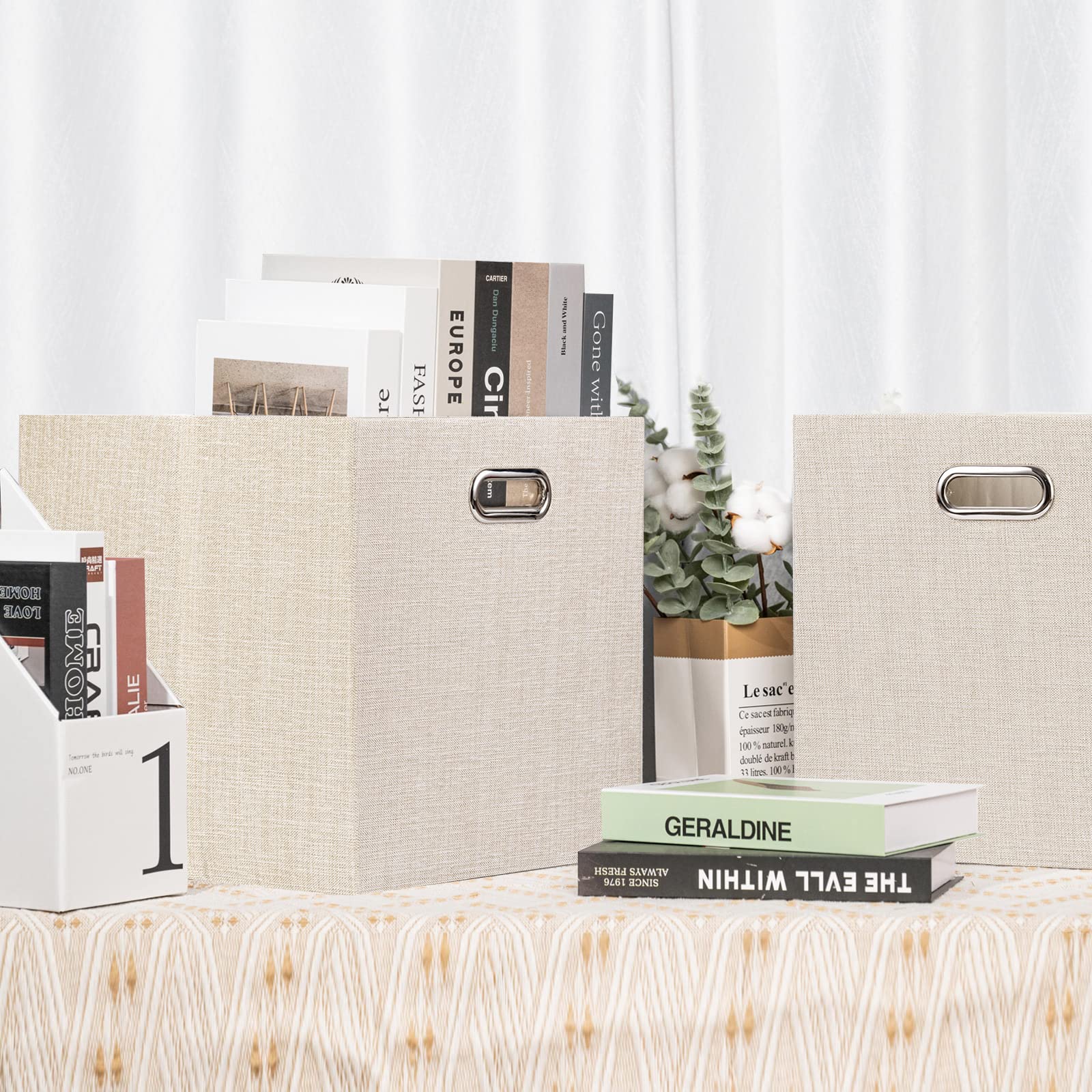 Jermichoc 13x13x13 Inch Cube Storage Bins, 4 Pack Foldable Linen Fabric Organizer Basket with Metal Handle for Clothes Toys Organizing (Beige)