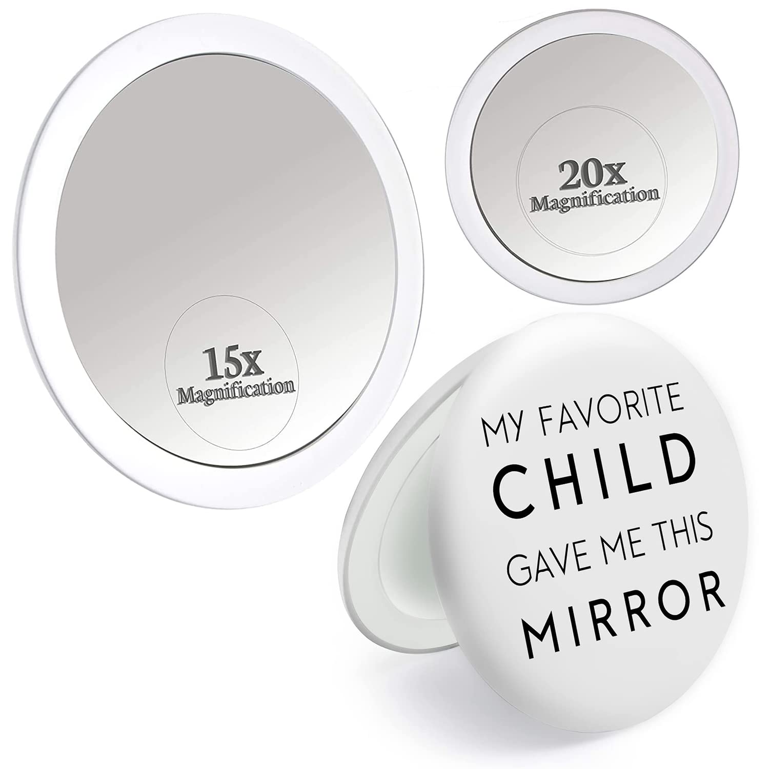 MIRRORVANA 20X & 15X Magnifying Mirror Set Combo with 3 Suction Cups Each and Small Pocket Size 7X Magnified Compact Mirror for Purse and Handbag Bundle