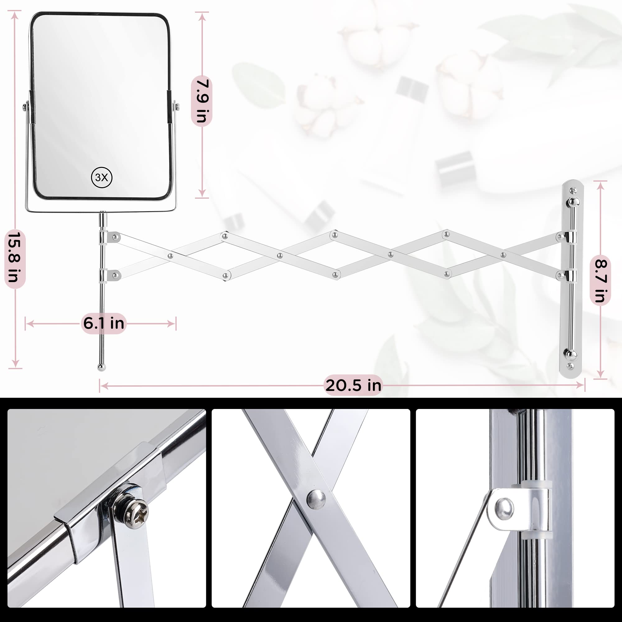 MIRRORVANA Wall Mounted Mirror for Shaving & Makeup, Double Sided 3X / 1X Magnifying and Hangable Fogless Shower Mirror for Shaving with 360° Swivel Hook for Hanging