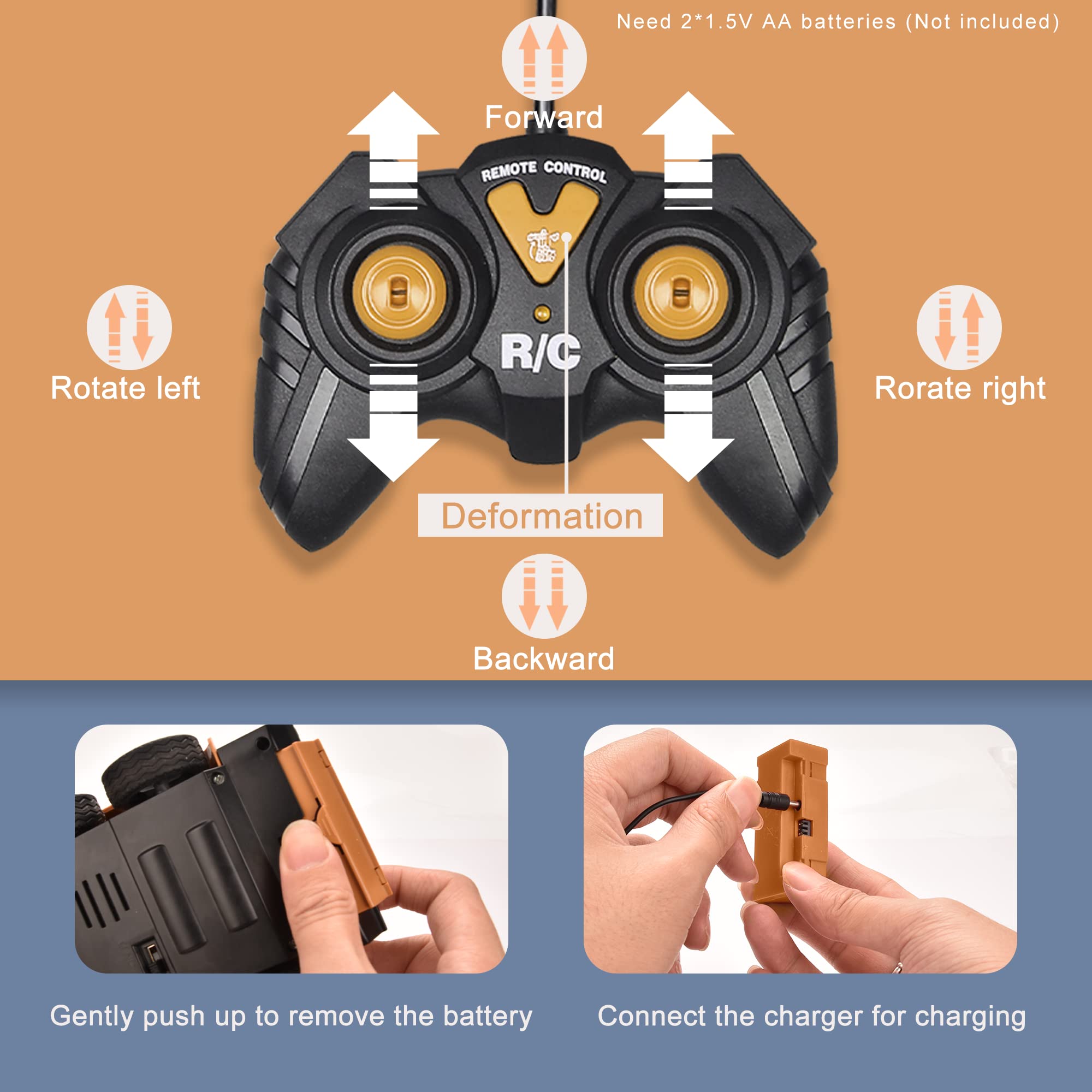 Ihowot Remote Control Toy Excavator, Transformer Car RC Robot Construction Engineering Vehicle with One-Button Deformation, Music and Light Effect, Gift Toy for Boys 4-7