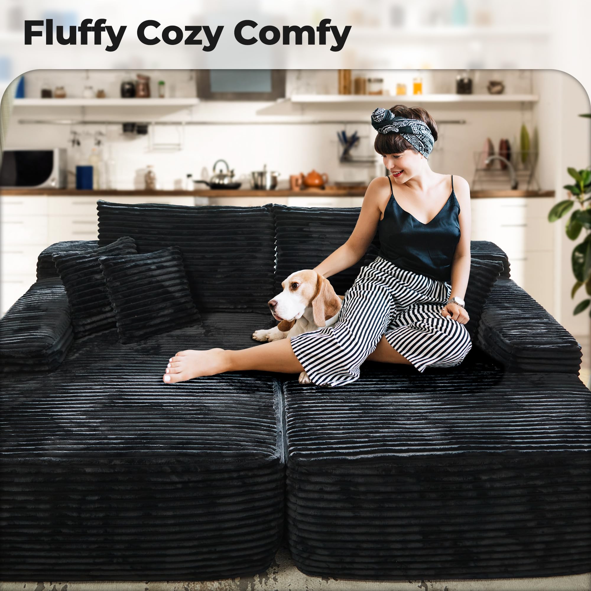 Oversized Chaise Lounge Sofa Indoor - 80" Cloud Sectional Couch Sofa Bed,Luxury Deep Seat Plush Corduroy Lounge Chair Sleeper Sofa for Living Room Bedroom (Black,2PCS)