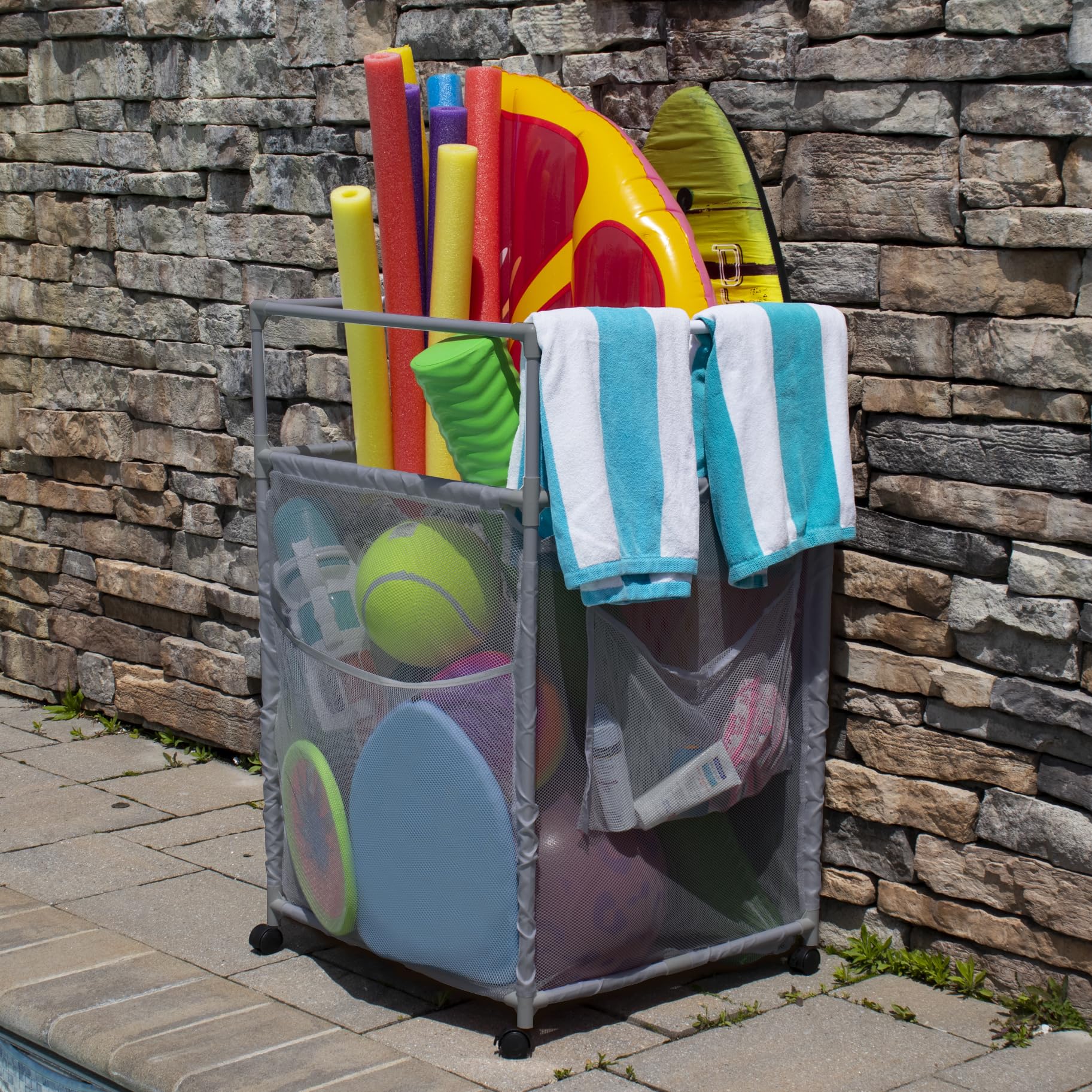 Pool Bins Rolling Pool Noodle Storage Organizer Bin, Standard Noodle Holder (25.4" W x 26" L x 40.5" H), Gray