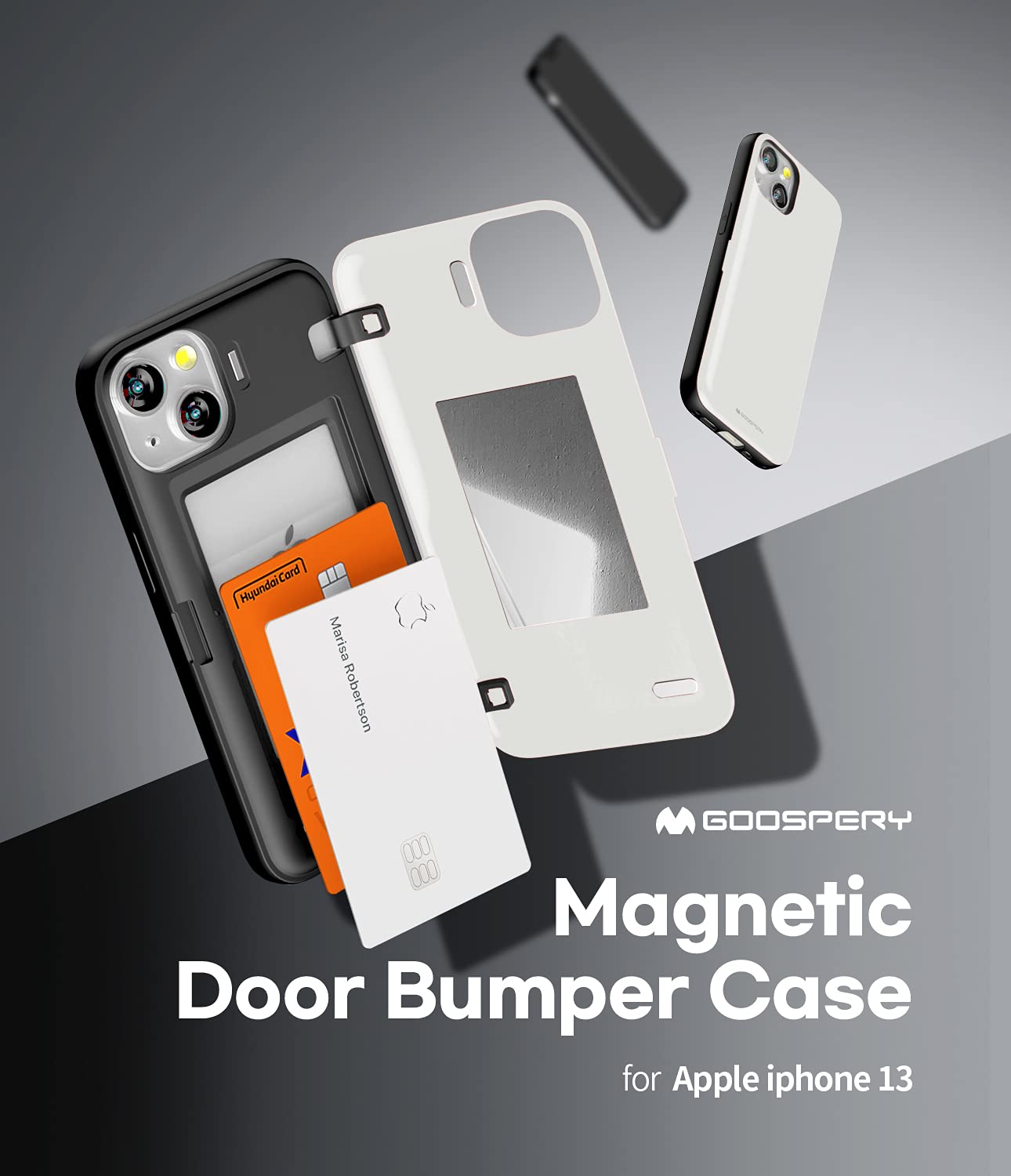 GOOSPERY Magnetic Door Bumper Compatible with iPhone 13 Case, Card Holder Wallet Case, Easy Magnet Auto Closing Protective Dual Layer Sturdy Phone Back Cover - White