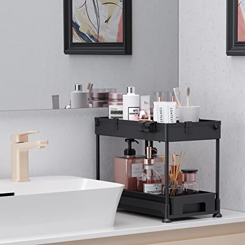 SODPE Bathroom Cabinet Organizer, 2 Tier Under Sink Organizer, Sliding Kitchen Basket Organizer Drawer, Multi-purpose Storage Shelf for Kitchen Countertop and Cabinet with Hooks, Hanging Cup, Divider