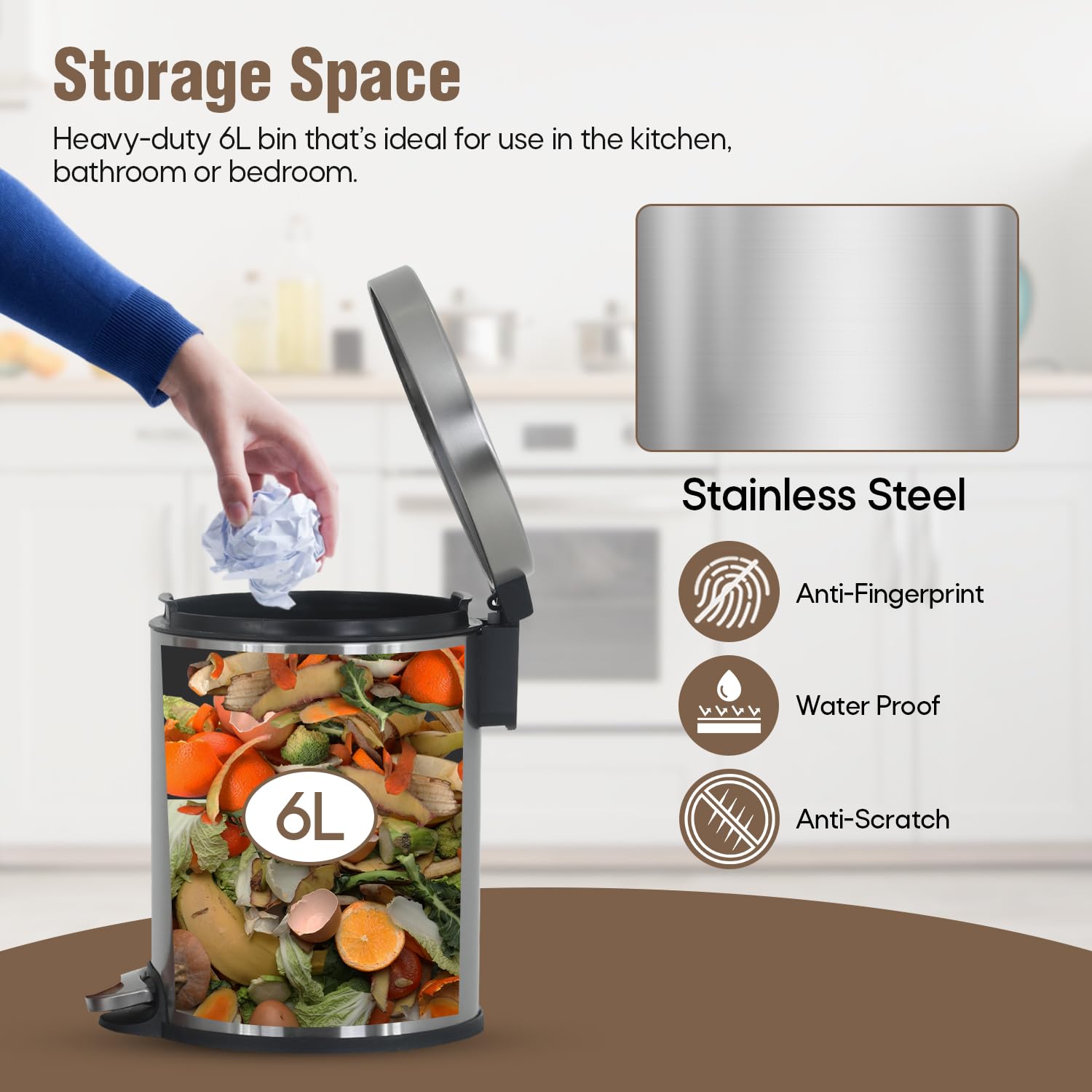 NChanmar Bathroom Trash Can with Lid, 6 Liter / 1.6 Gallon Round Mini Trash Can, Portable Pedal Garbage Can for Kitchen, Office, Stainless Steel Trash Can, Removable Inner Basket, Easy to Clean (2)