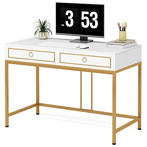 LITTLE TREE Drawers Computer Desk, 43.31” W x 21.65” D x 31.5”H, White and Gold
