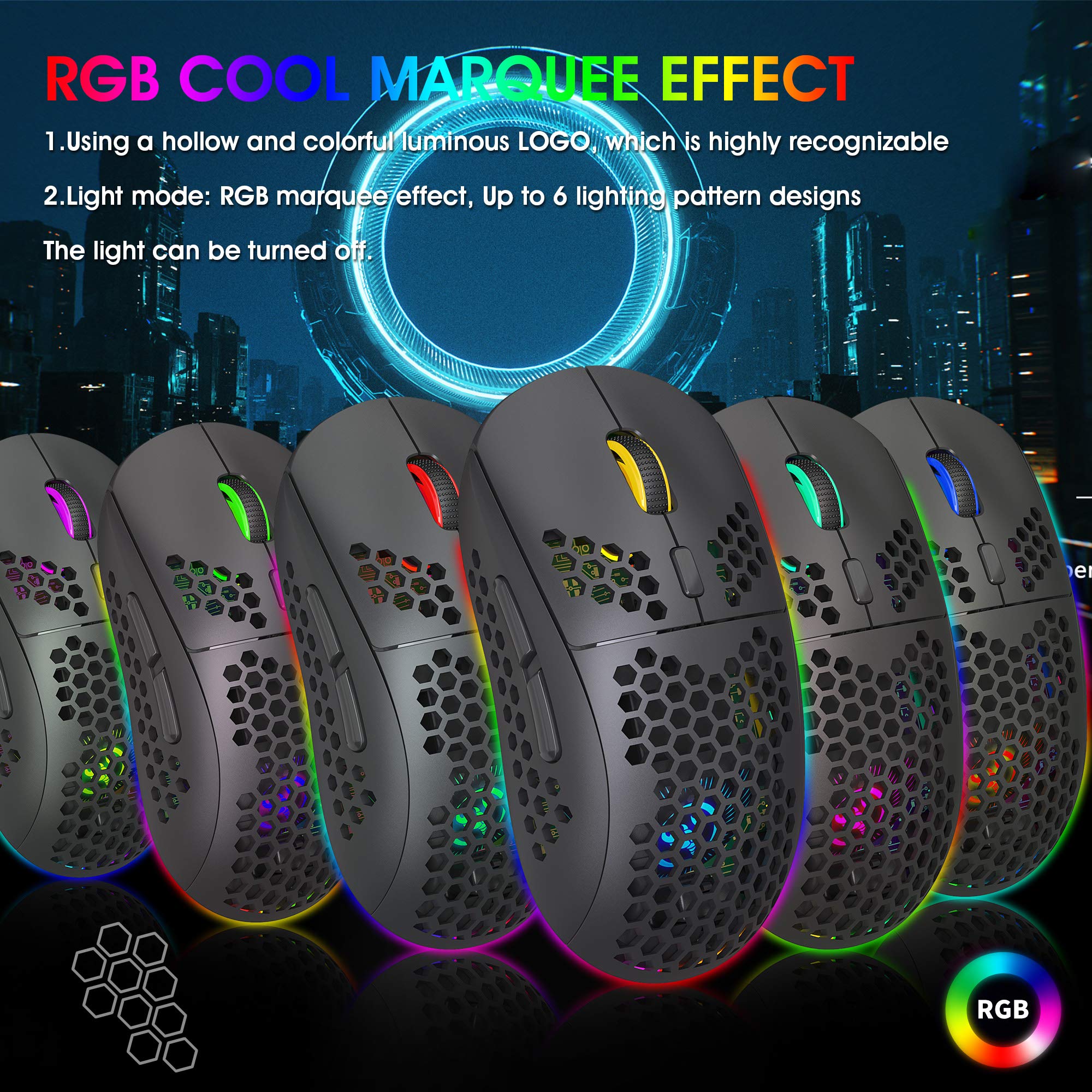 FELICON Bluetooth 3.0/5.0 Mouse,2.4G USB Wireless Lightweight Gaming Mouse Honeycomb with 6 Button,Multi RGB Backlit 5 Adjustable DPI Rechargeable 750 mAh Mice Compatible with PC Mac Gamer