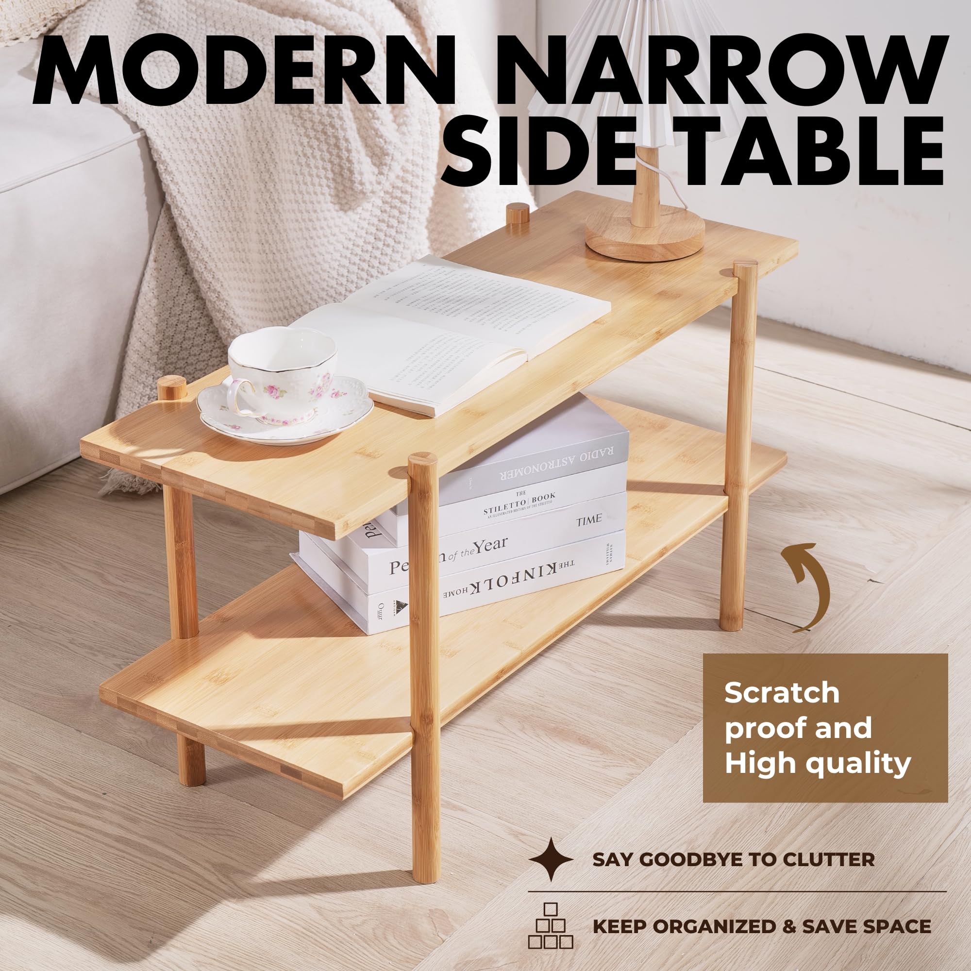 Neat Nest 2 Tier Narrow Side Table - Bamboo Narrow Nightstand with Storage Shelf - 30 Inches Wide - Slim Nightstand for Living Room, Bedroom Study and Balcony