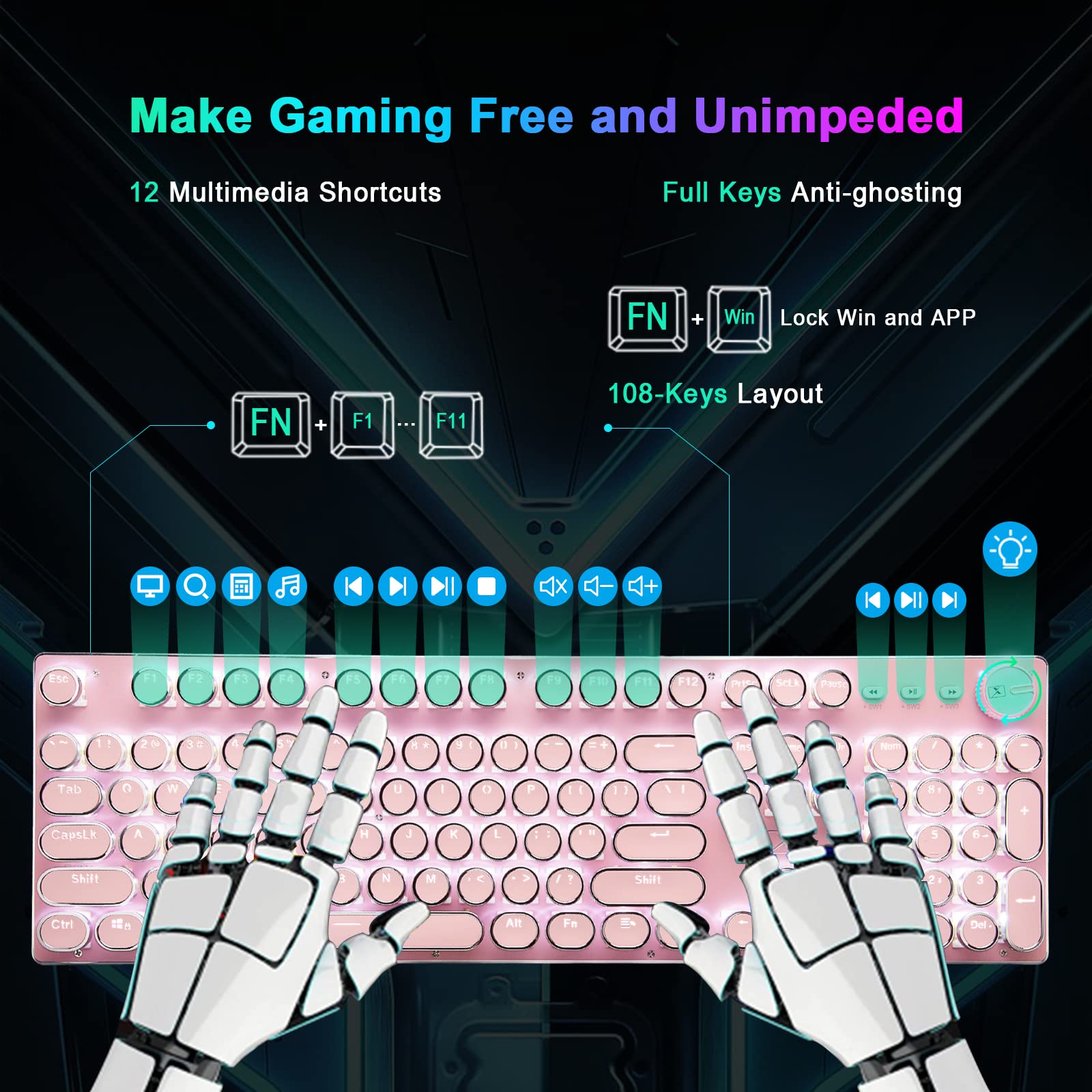 FELiCON Typewriter Pink Mechanical Gaming Keyboard and Mouse Combo White Light Retro Punk Round Keycaps Keyboard with 104 Keys Anti-Ghosting Blue Switch RGB Backlit Mouse Mice Pad for Office Work
