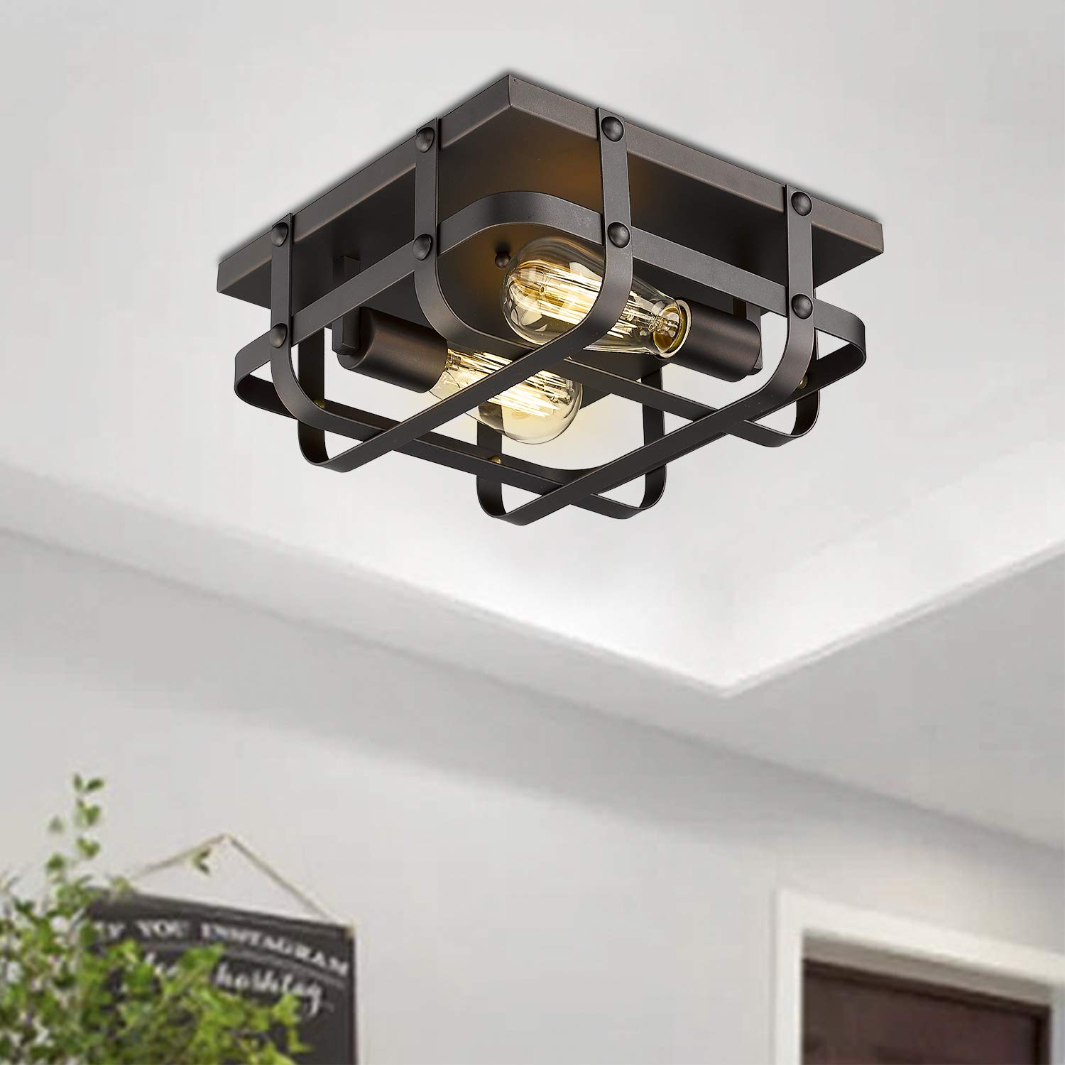 Emliviar Industrial Ceiling Light, Farmhouse 2-Light Flush Mount Ceiling Light, Oil Rubbed Bronze Finish, YE19102-FL ORB
