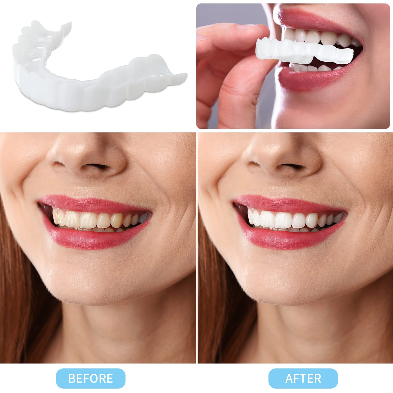 Tondiamo Fake Teeth 2 Pairs Magic Teeth Brace Cover False Teeth Veneers Beautiful Smile Dentures Veneers Fake White Teeth with 2 Pieces Mini Tweezers for Men Women Bad Teeth Whitening Alternative