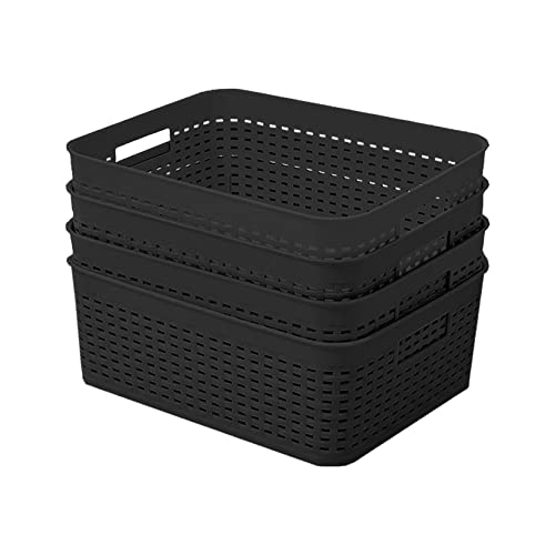LIQIU 4-Pack Plastic Storage Basket Bins,Plastic Storage Baskets for Organizing,Weave Basket Organizer for Kitchens,Classrooms,Bathroom(12.2" × 10" × 4.5",Black).