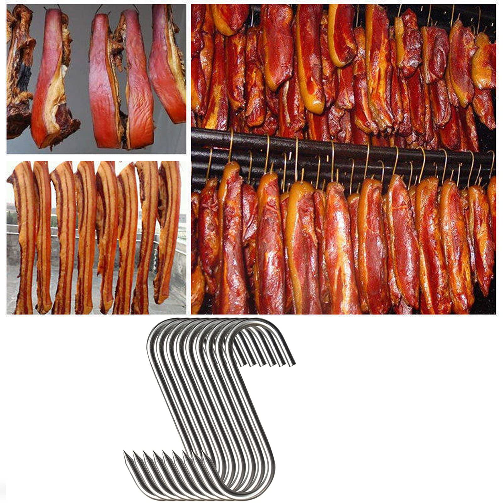 Meat Hooks,Premium Stainless Steel Butcher Hook Smoking Hooks, Meat Processing for Hanging, Butchering, Smoking, BBQ, Grilling, and Hanging Drying Tool (10Pcs 7Inch(4.6mm))