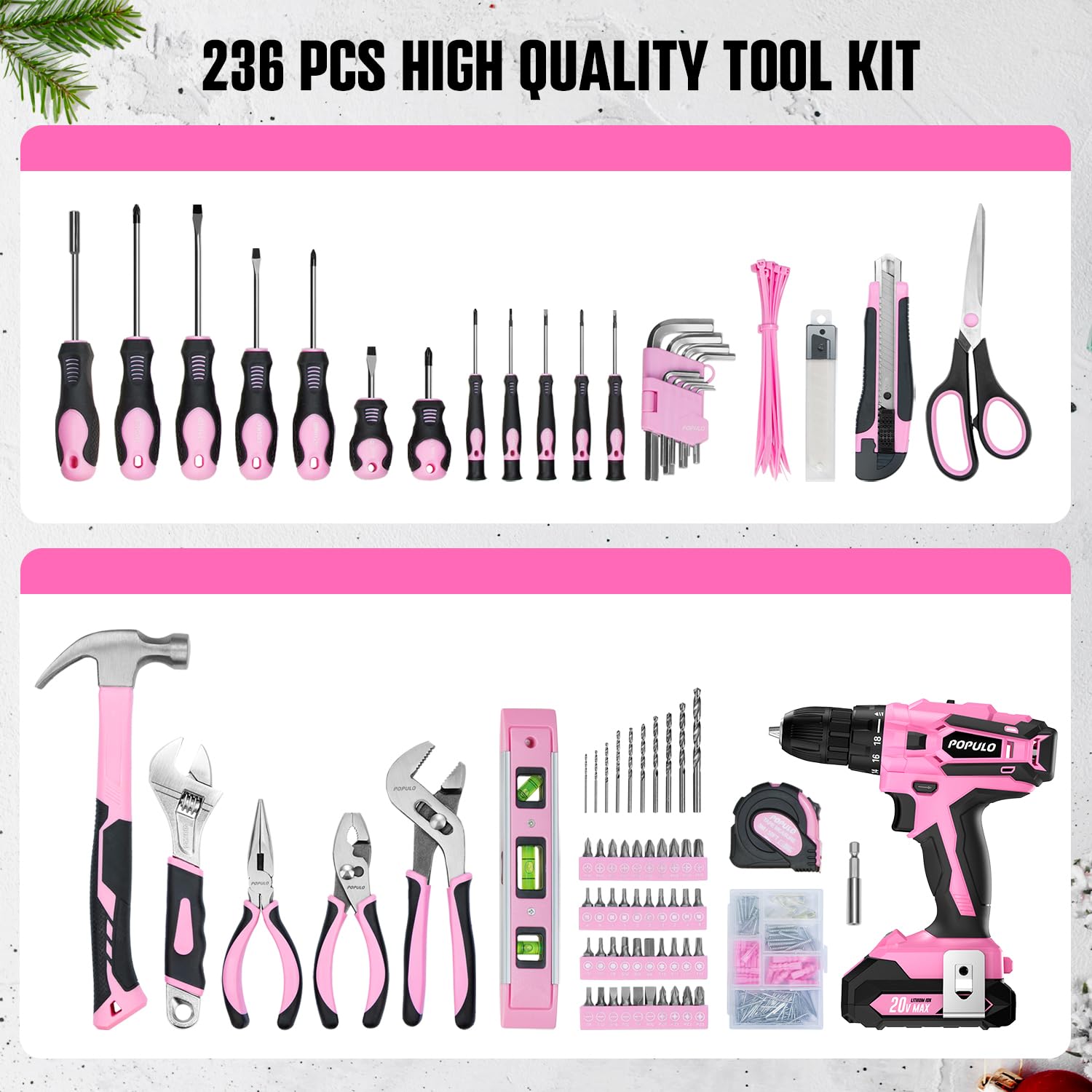 POPULO Pink Tool Kit 236-Piece with Cordless 20V 2000mAh Power Drill Driver, Lady's Basic Home Tool Set with 12-Inch Pink Tool Bag, Electric Drill Sets Combo Kit for Women, House, DIY