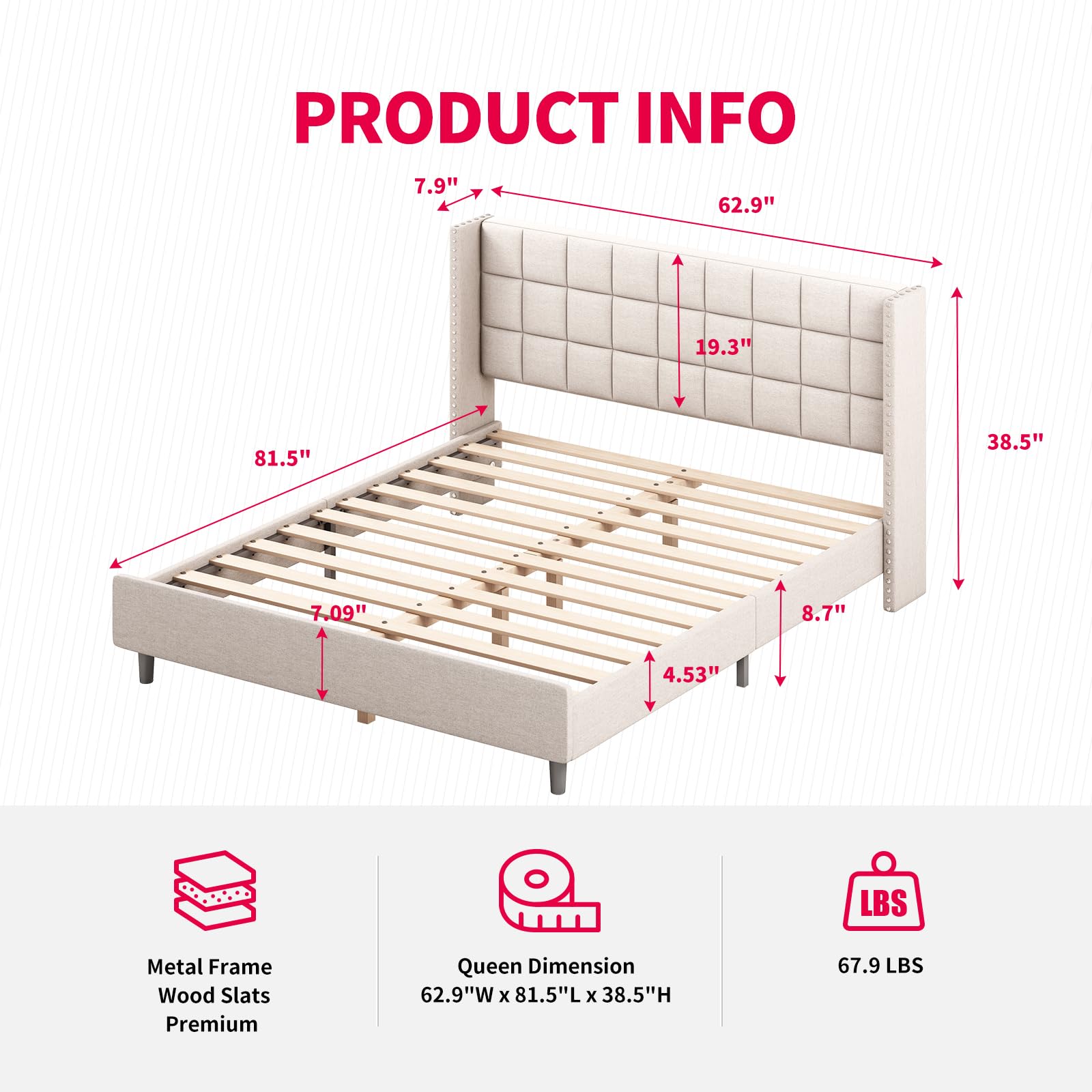 MUZZ Full Size Bed Frame with Headboard,Premium Velvet Platform Bed Frame,Wooden Bed Frame with Two Rows of Rivet Design,Light Grey