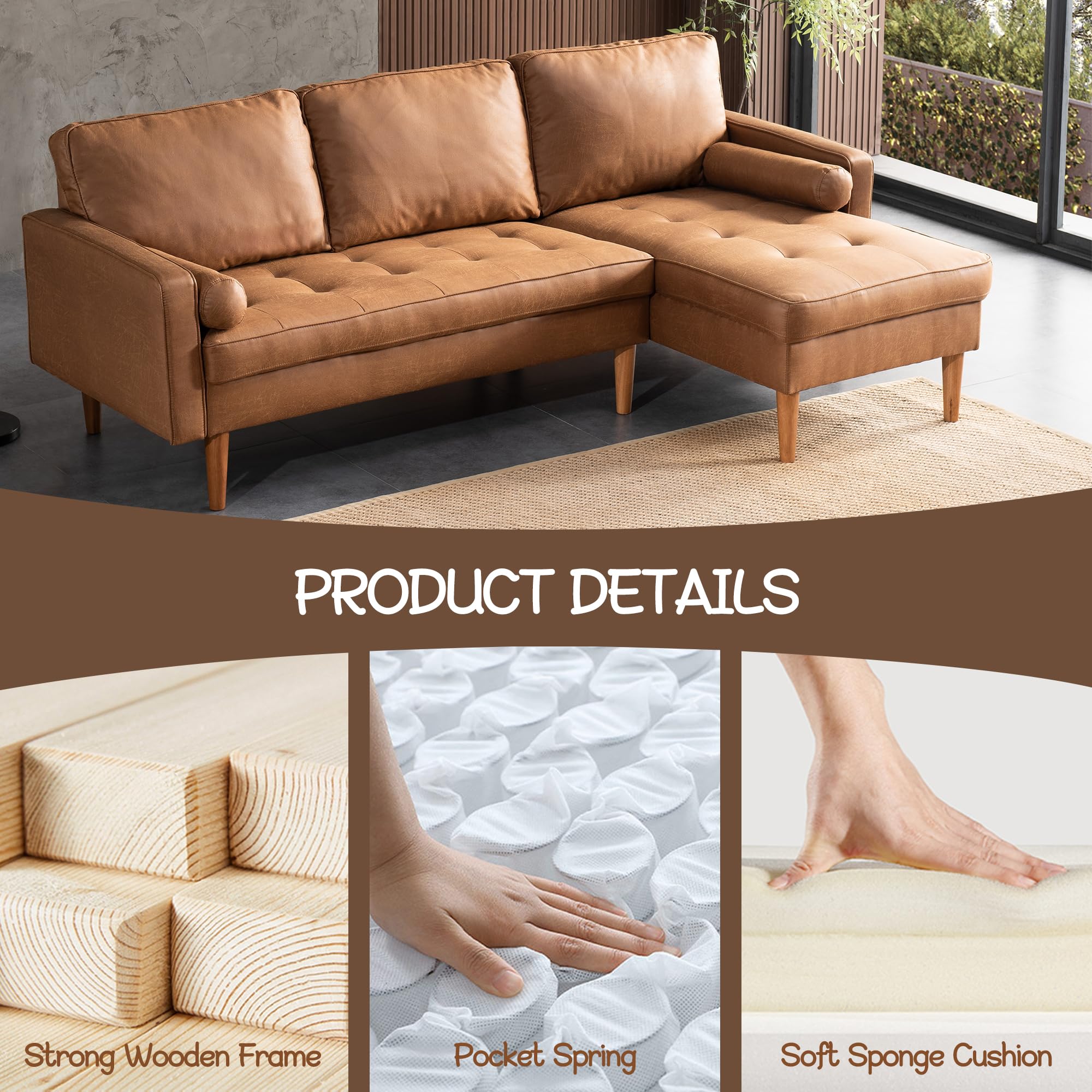 ovios 83" L-Shape Sofa Couch with Chaise, Suede Leather Couches with Comfy Cushions, Minimalism Deep Seat Cloud Sofas for Living Room Apartment, Right Chaise, Brown