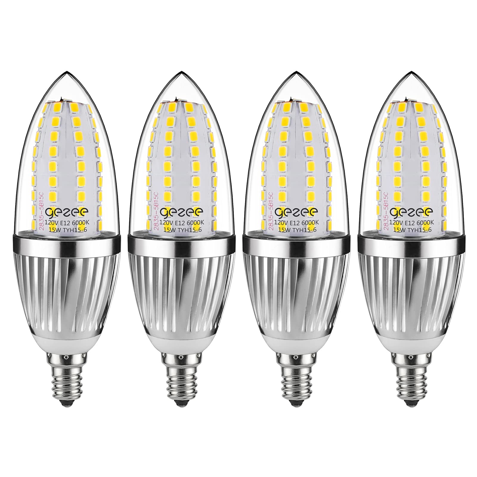 gezee 15W LED Candelabra Bulb, Non-Dimmable, 120Watt Light Bulbs Equivalent,Daylight White 6000K Chandelier Bulbs, E12,120V, 1500Lumens, Torpedo Shape(4 Pack)