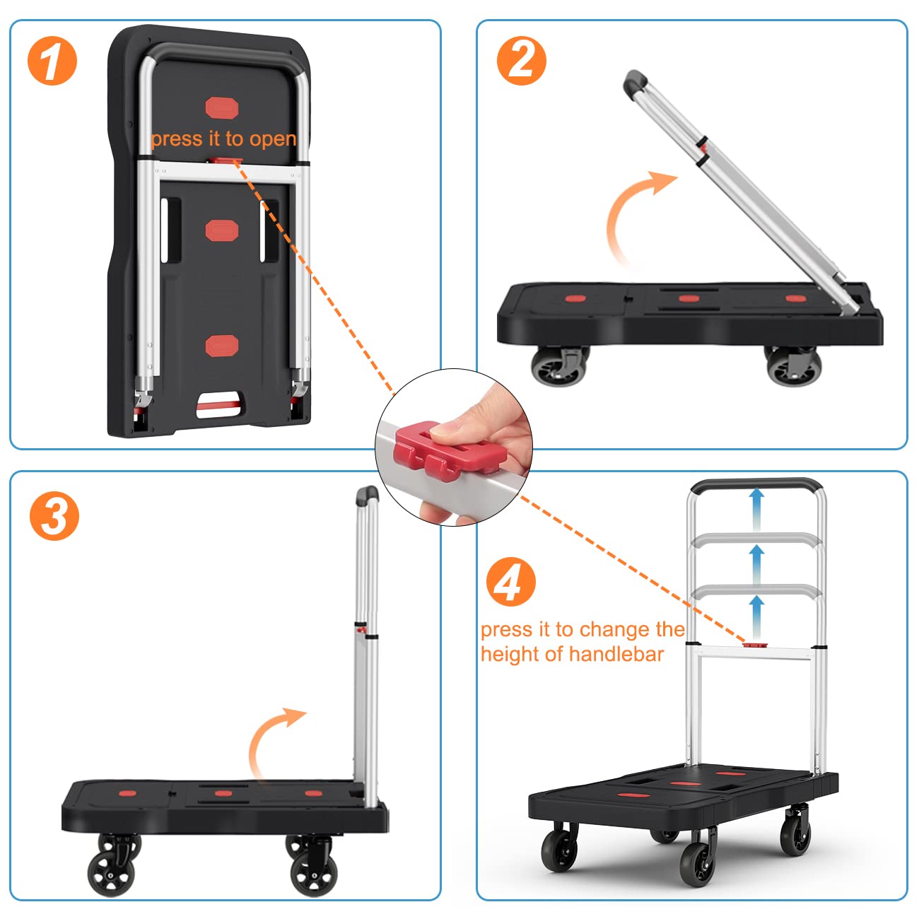 Platform Truck Foldable Push Cart Dolly 330lb Weight Capacity, Adjustable Hand Truck Handle with 360 Degree Swivel Wheels for Garage Garden Home & Office Use, Black