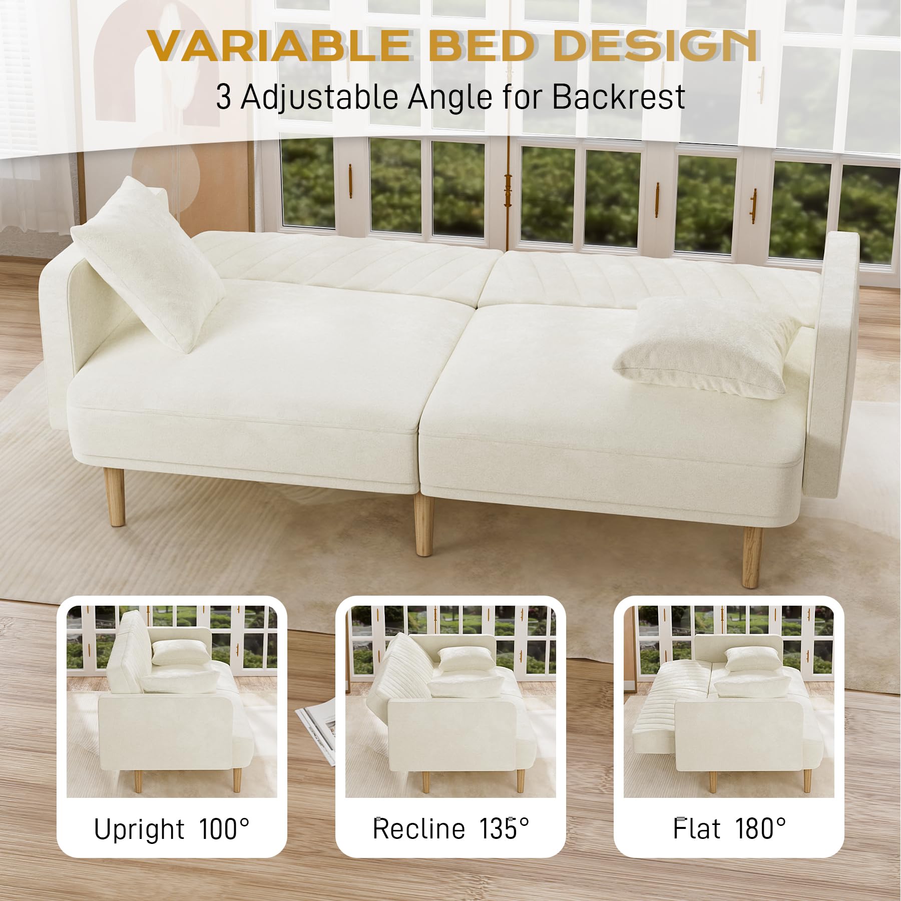 OUYESSIR Futon Sofa Bed, 75.3", Couch, Small Sofa, Sleeper Sofa, Loveseat, Mid Century Modern Velvet Futon Couch with 2 Pillows for Living Room (Beige White Velvet, Futon)