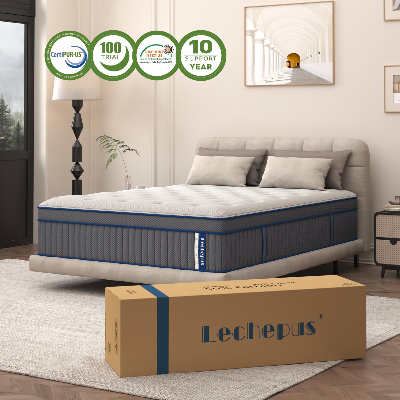 Lechepus Full Mattress, 14Inch Gel Memory Foam & 7-Zone Pocket Spring Mattress Full Size, Cooler Night and Pressure Relief, Medium Plush Hybrid Mattresses in Box