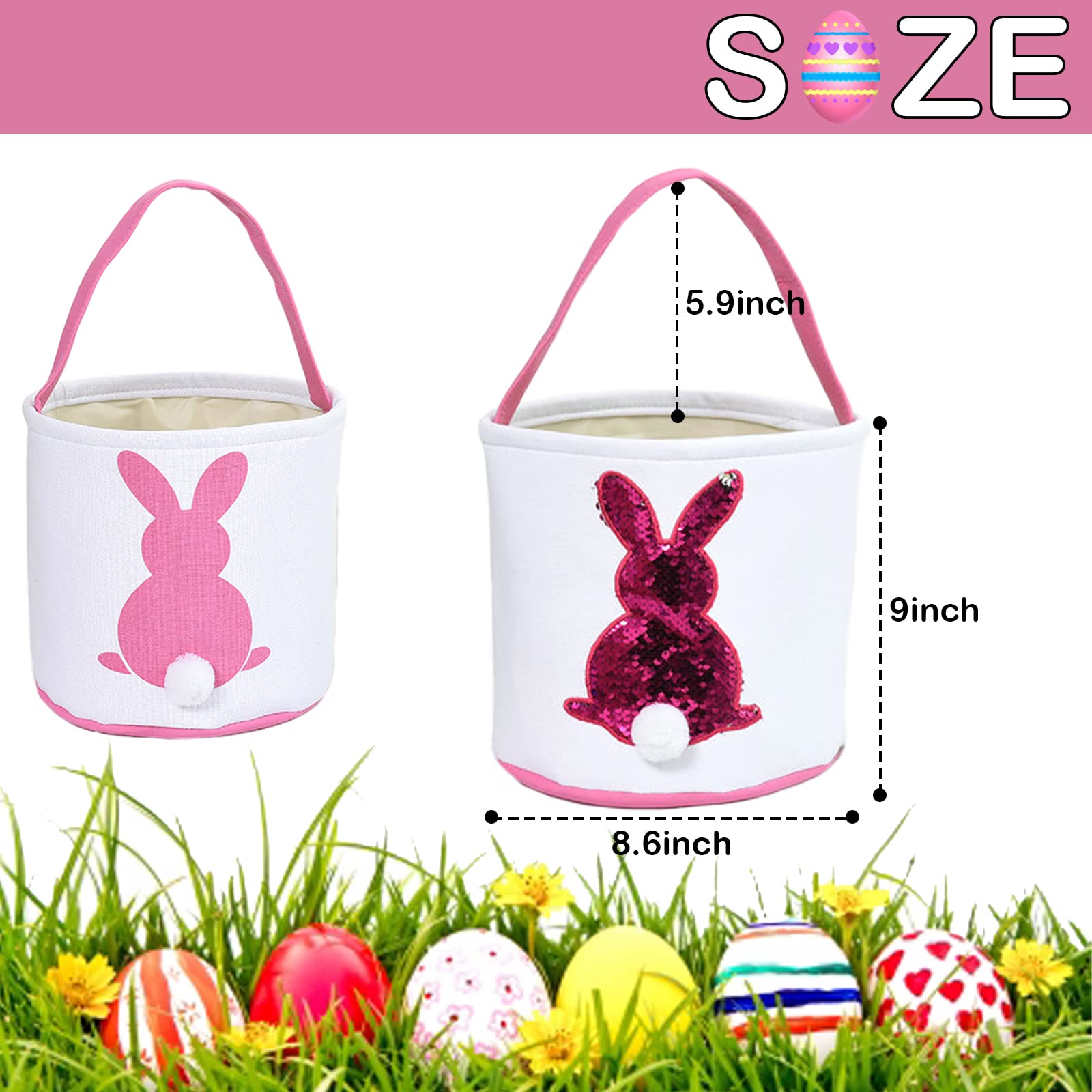 HTONTB 2PCS Easter Bunny Baskets,Kids Easter Egg Hunt Baskets,Rabbit Handbag Easter Party Decorations Gifts Toys Carry Bucket Tote,Reusable Party Bags,DIY Egg Basket Stuffer for Kids Gifts(Pink)
