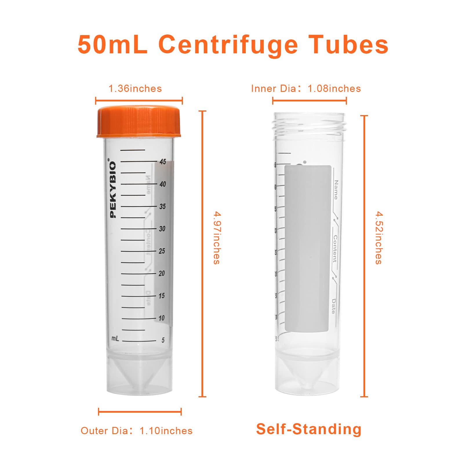 PEKYBIO 50ml Centrifuge Tubes Self-Standing Sterile Plastic Graduated Test Tube with Screw Cap, Pack of 25