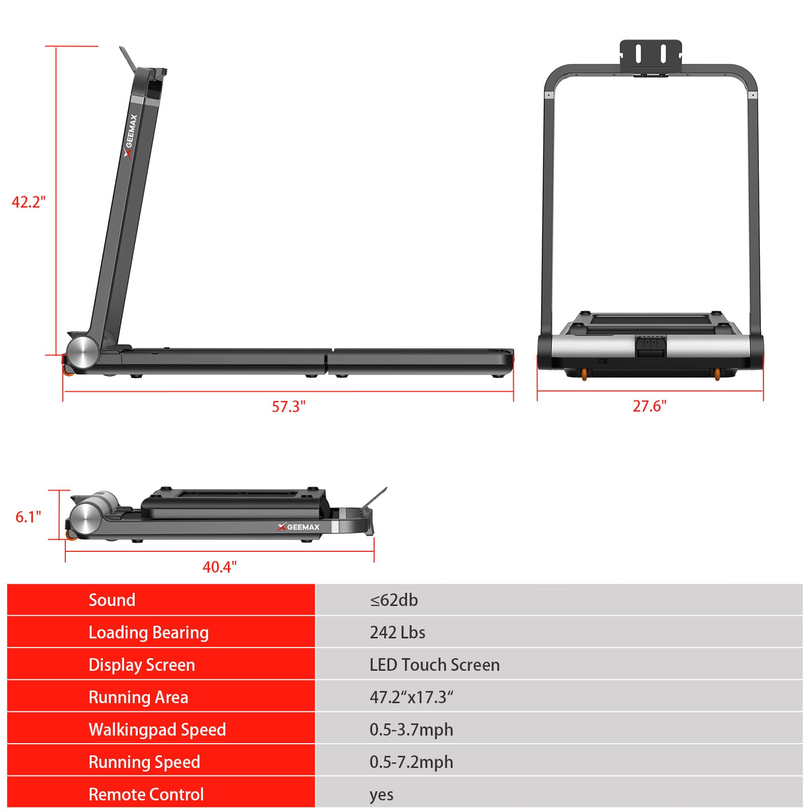 Foldable Treadmill for Home Use, Geemax 2 in 1 Electric Under Desk Treadmill for Small Spaces, Manual Automatic Modes Walking Running Pad 100% Assembled with Large Running Area Upright Storage 6.2MPH