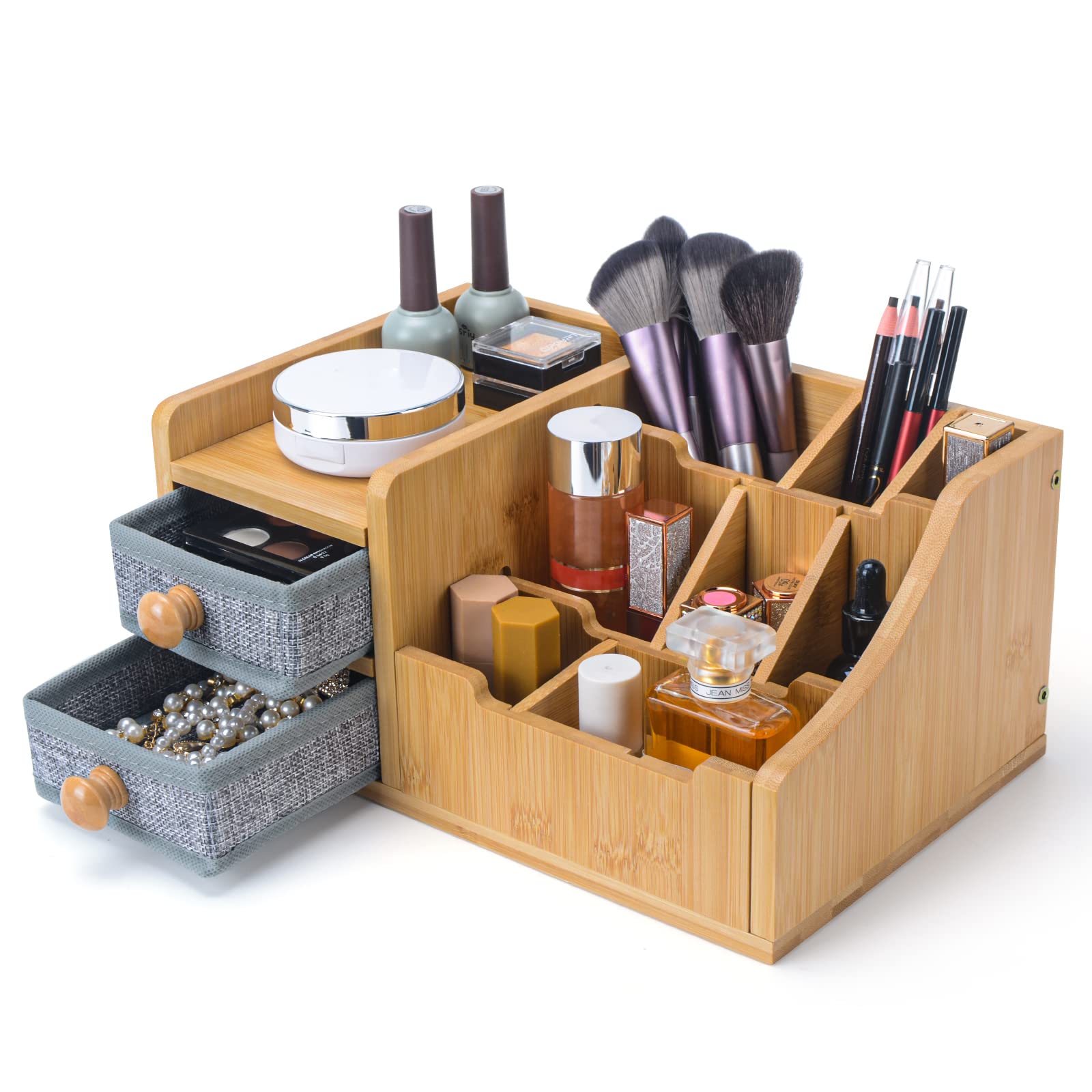 ikkle Bamboo Desk Makeup Organizer Cosmetic Organizer Storage Box with Drawer for Bathroom/Dresser, 9 Detachable Slots for Brushes, Lipstick, Great Organizer for Home or Office (Need to assemble)