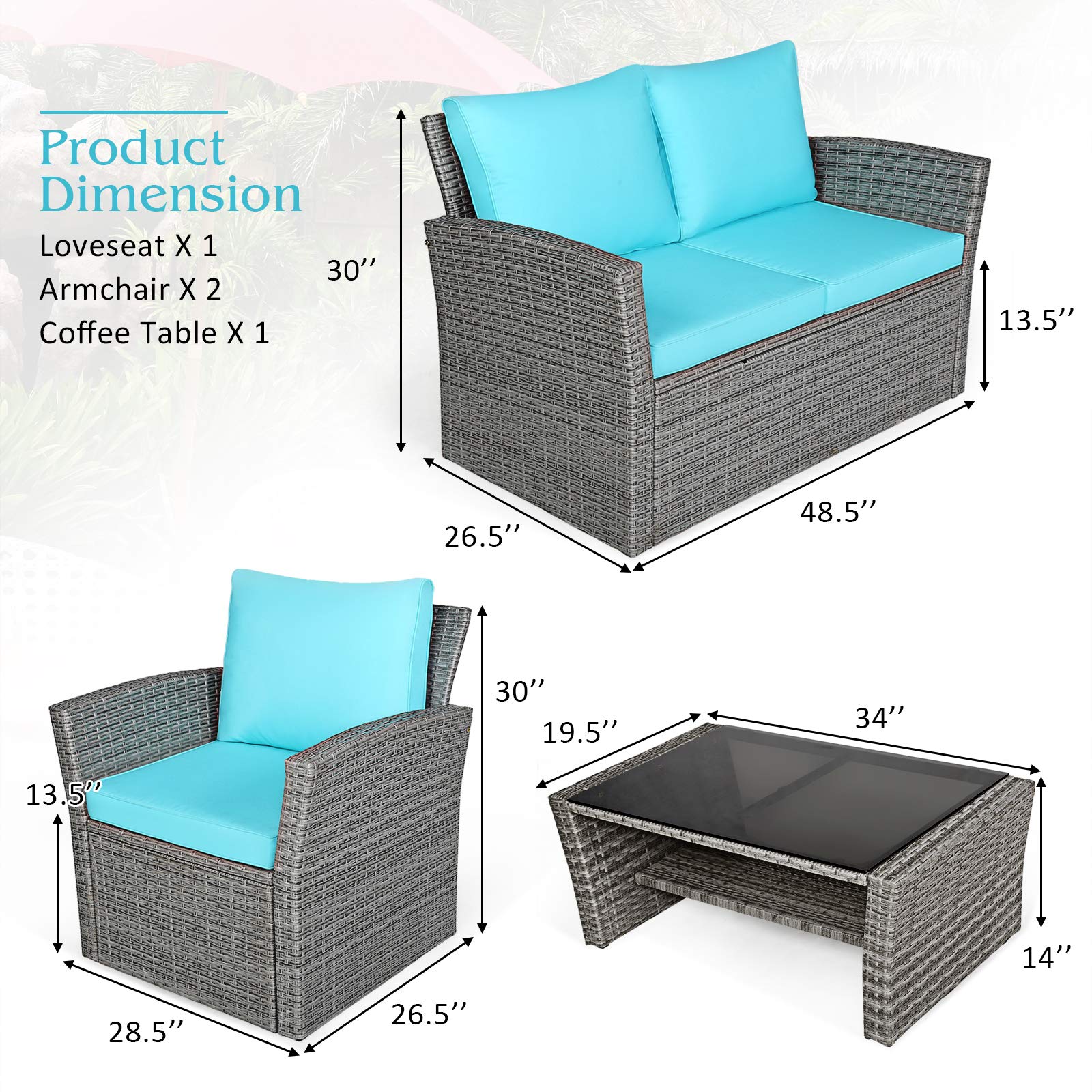 Tangkula 4 Pieces Patio Furniture Set, All Weather Outdoor Sectional Rattan Sofa Set with Cushions & Tempered Glass Table, Wicker Conversation Couch Set for Backyard Garden Poolside (Turquoise)