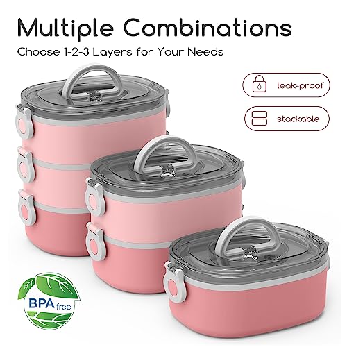 KHOXU Bento Lunch Box, Stackable 3 Layers Bento Box Adult Lunch Box, 94OZ Large Capacity Lunch Containers, Lunch Box Kids with Accessories Kit , Leak-Proof, Food-Safe Materials, Pink