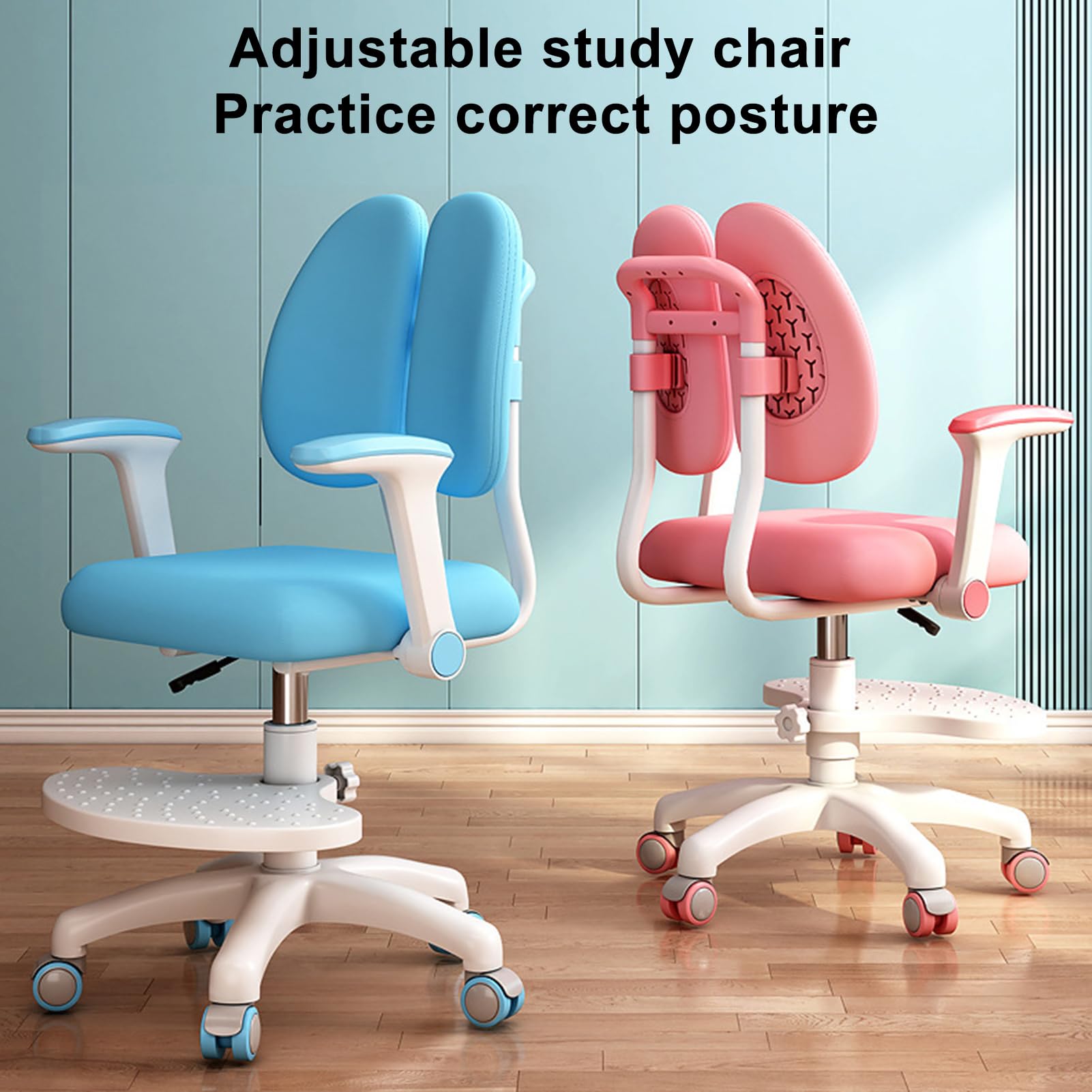 PAPABA Upgraded Kids Desk Chair, Height Depth Adjustable Double Back Support Chair with Comfort Pedal & Wheels Lock, Cute Kids Study Writing Chair for Home School Library, 150lbs Load Capacity (Pink)
