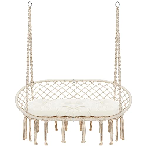 Homgava Hammock Chair Macrame Hanging Swing with Cushion,Hanging Cotton Ropes, Metal Frame, 450 lbs Capacity Indoor Outdoor, Patio, Balcony, Living,Deck, Yard, Garden(Double Swing) Beige