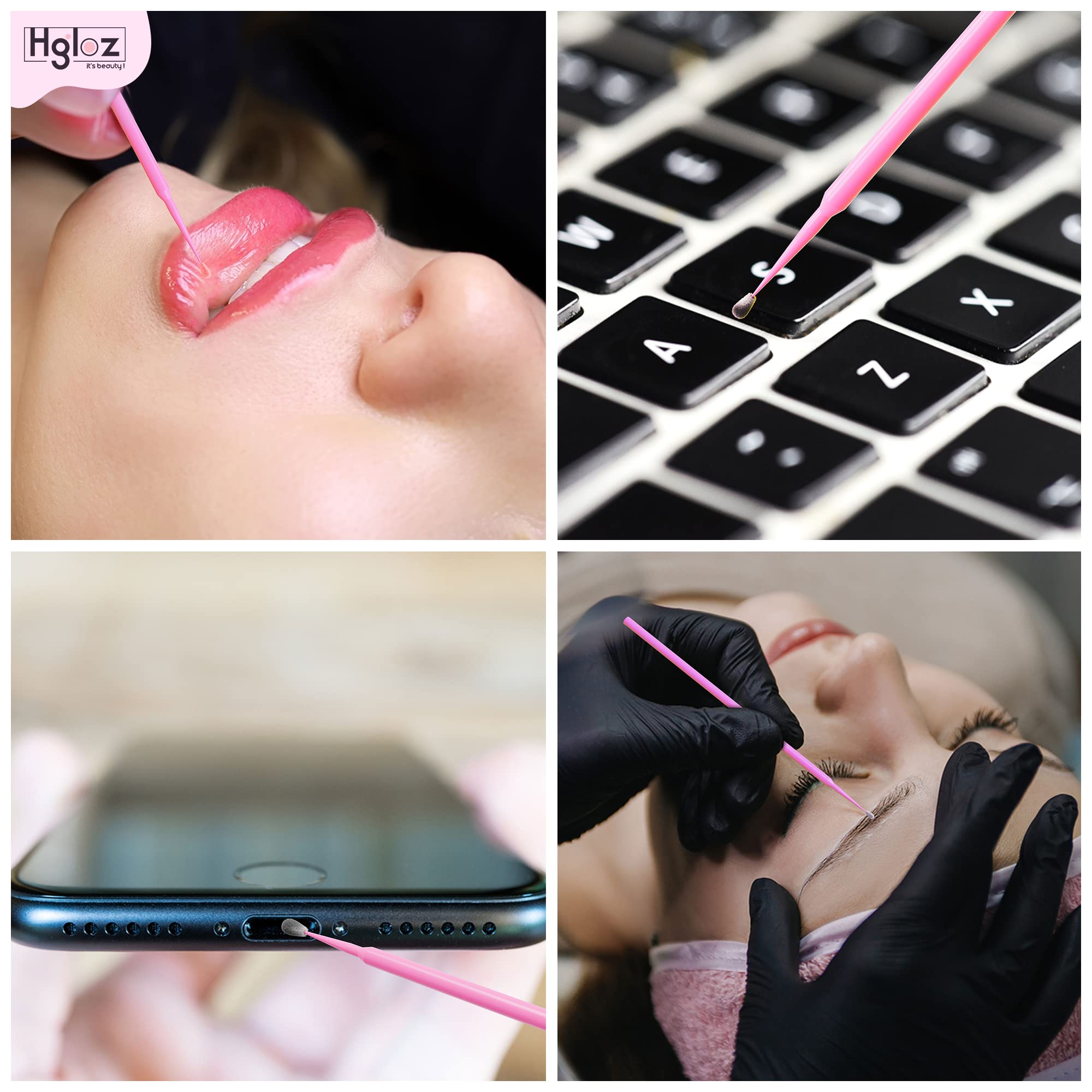 HGLOZ Microswabs for Eyelash Extensions Pack of 500 in Pink โ 2mm Soft Micro Applicator Brush with Microfiber Wands โ Suitable for Cleaning and Applying Make-up