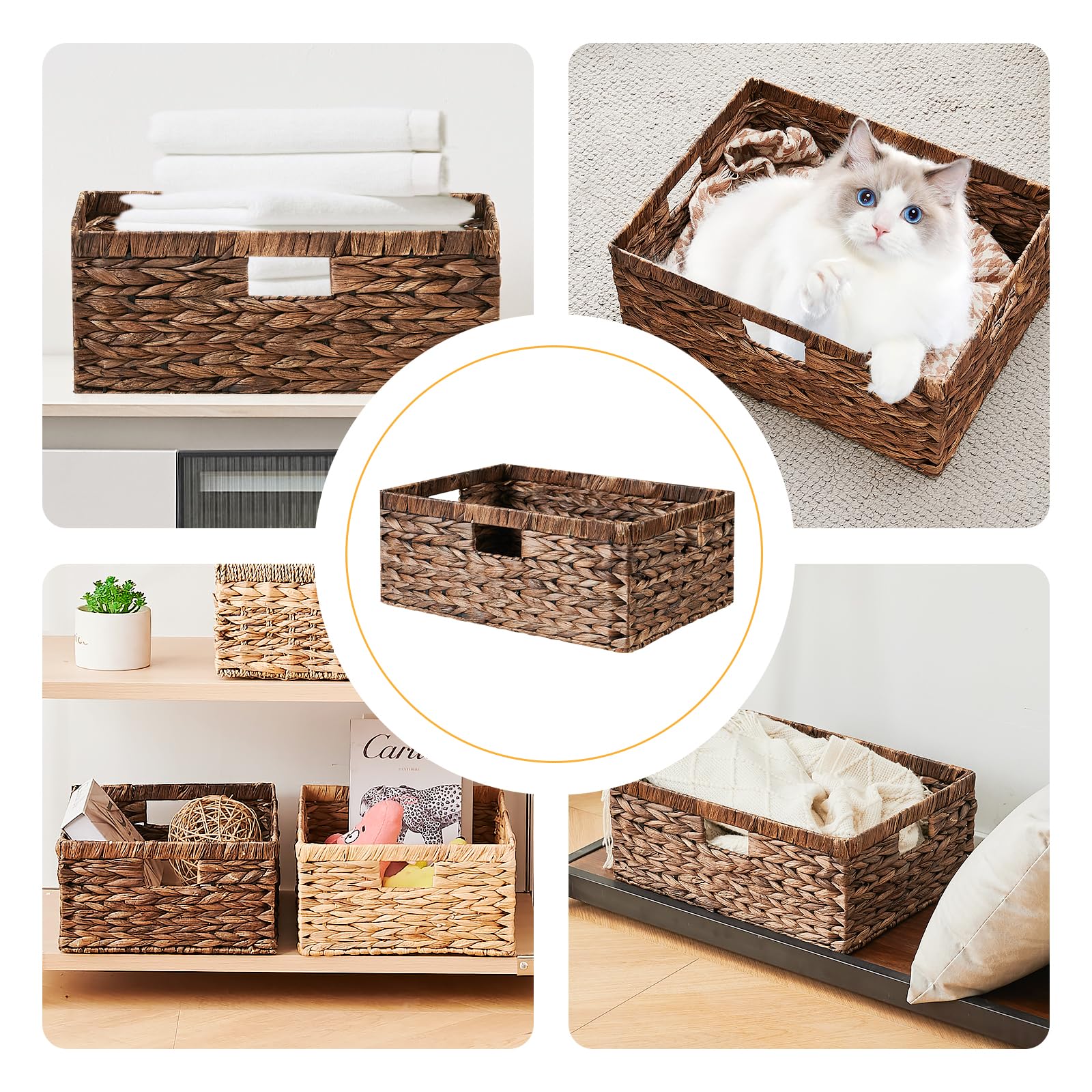 LGENHOOM Large Wicker Storage Basket, Woven Basket with Built-in Handles, Water Hyacinth Basket Storage, Rectangular Organizer Basket, Natural Wicker Baskets (Brown Water Hyacinth 16.5 x 12.6 x 6.7)