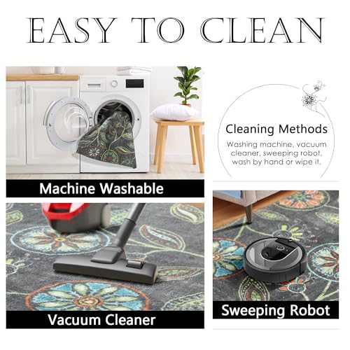 PAGISOFE Indoor Front Door Mat Boho Kitchen Sink Mat, 2x3 Machine Washable Rug, Floral Non-Slip Throw Rug with Rubber Backing, Soft Small Area Rugs for Entryway Bedside Bathroom Entry, Green/Multi