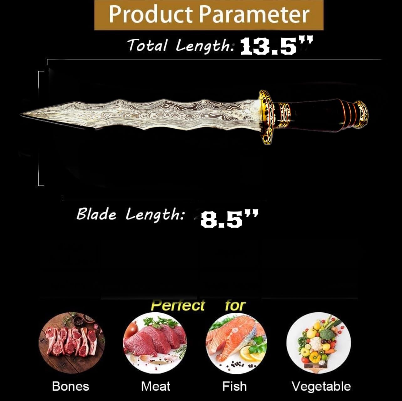 NoonKnives: custom Hand Made Damascus Steel Collectible wavy dagger Knife Handle bull horn with Brass Inserts (Black)