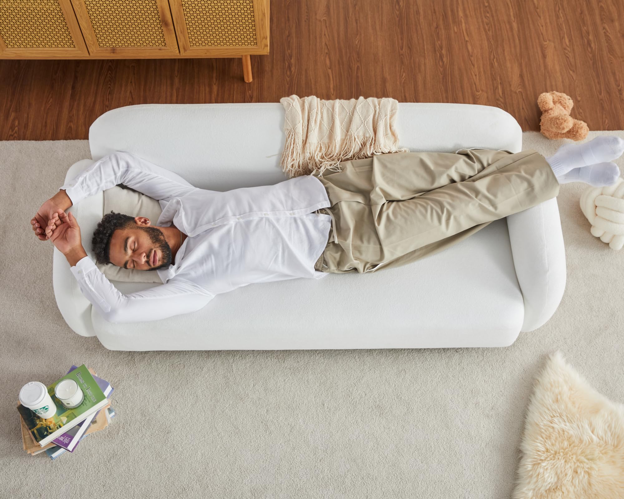 PaPaJet Sofa, Modern Cloud Couch with Soft Boucle Upholstered, 3 Seater Comfy Couch for Living Room Home Office- Sherpa Curved White Couch