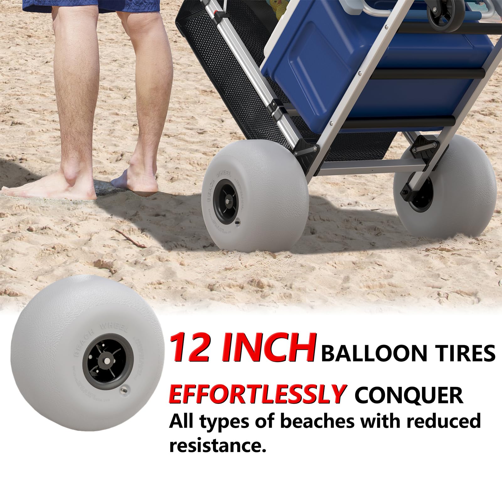 GDLF Beach Cart for All Types of Sand, Foldable Beach Cart with Adjustable Handle and 12" Balloon Wheels, Heavy Duty Aluminum Beach Wagon 220LBS Loading Capacity and Large Cargo Deck 29.5" x 16"