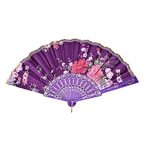 Folding Fan Dance Wedding Party Lace Silk Folding Hand Held Flower Pattern Fan Folding Fan Hand Fanc (Navy) (Purple)