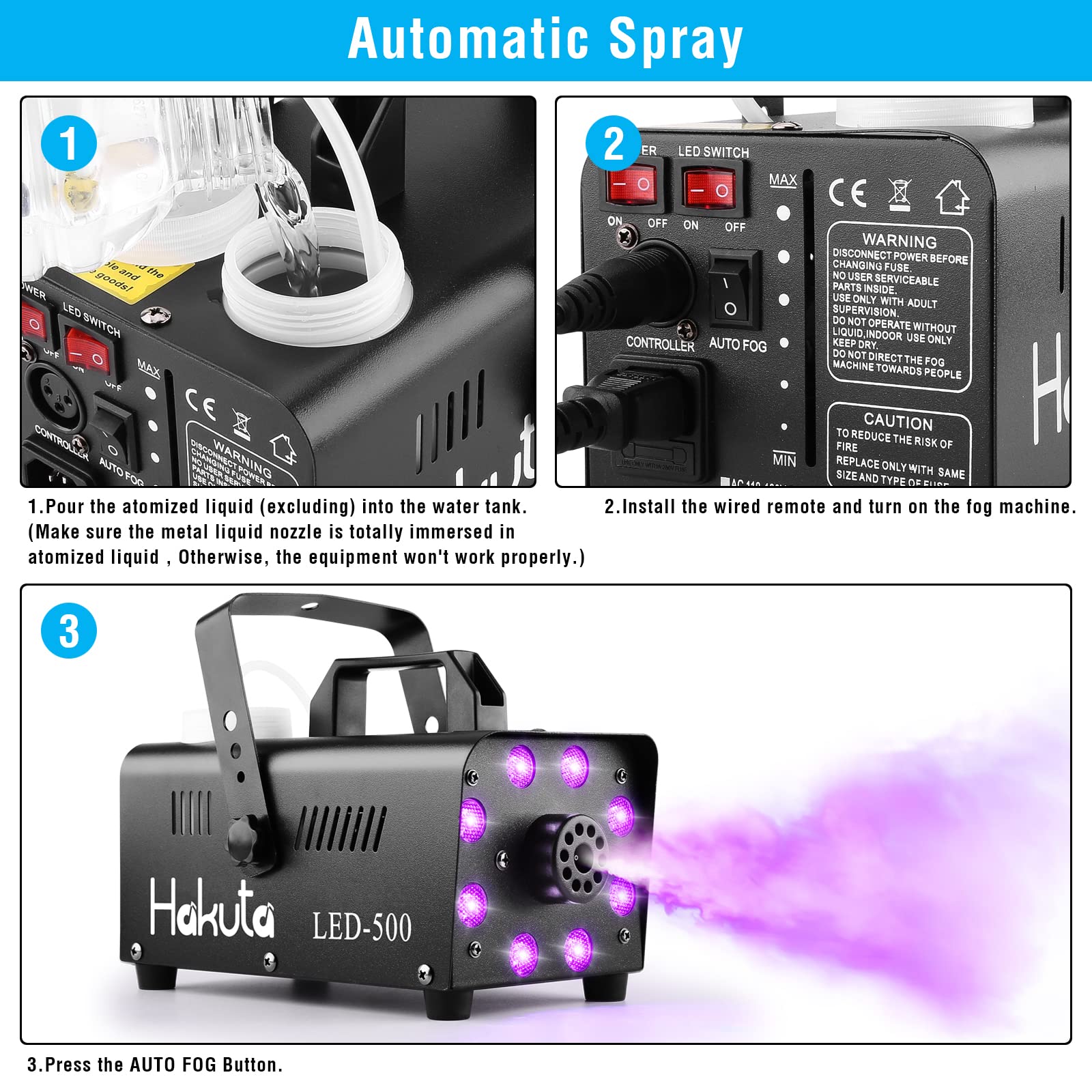 Fog Machine, HAKUTA Automatic Spray Smoke Machine with 8 LED Lights and 13 Colorful LED Lighting Effects, 500W and 2000CFM Fog LED Fog Machine, Perfect for Wedding, Christmas, Halloween, Performance